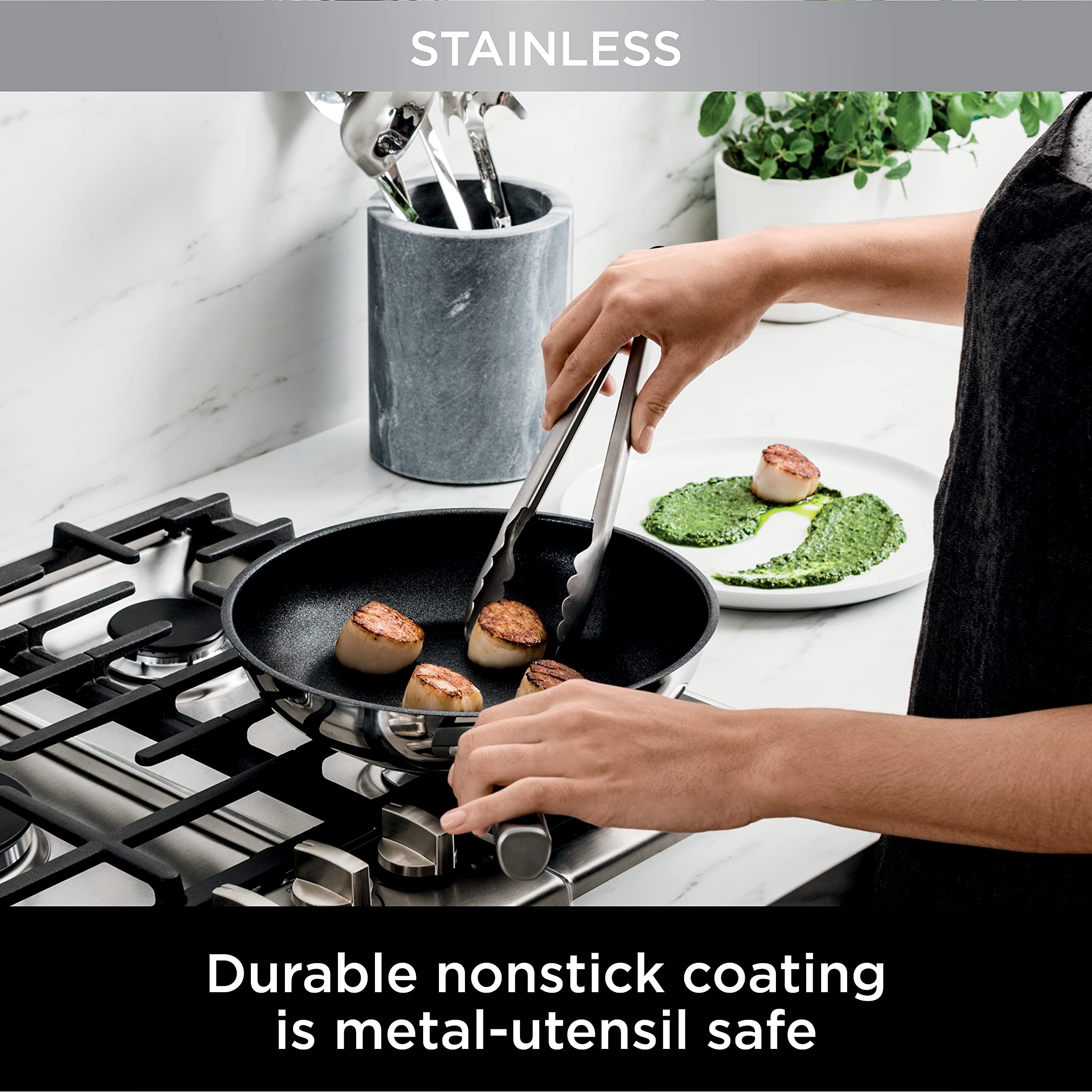 Ninja C60020 Foodi NeverStick Stainless 8-Inch Fry Pan, Polished Stainless-Steel Exterior, Nonstick, Durable & Oven Safe to 500°F, Silver