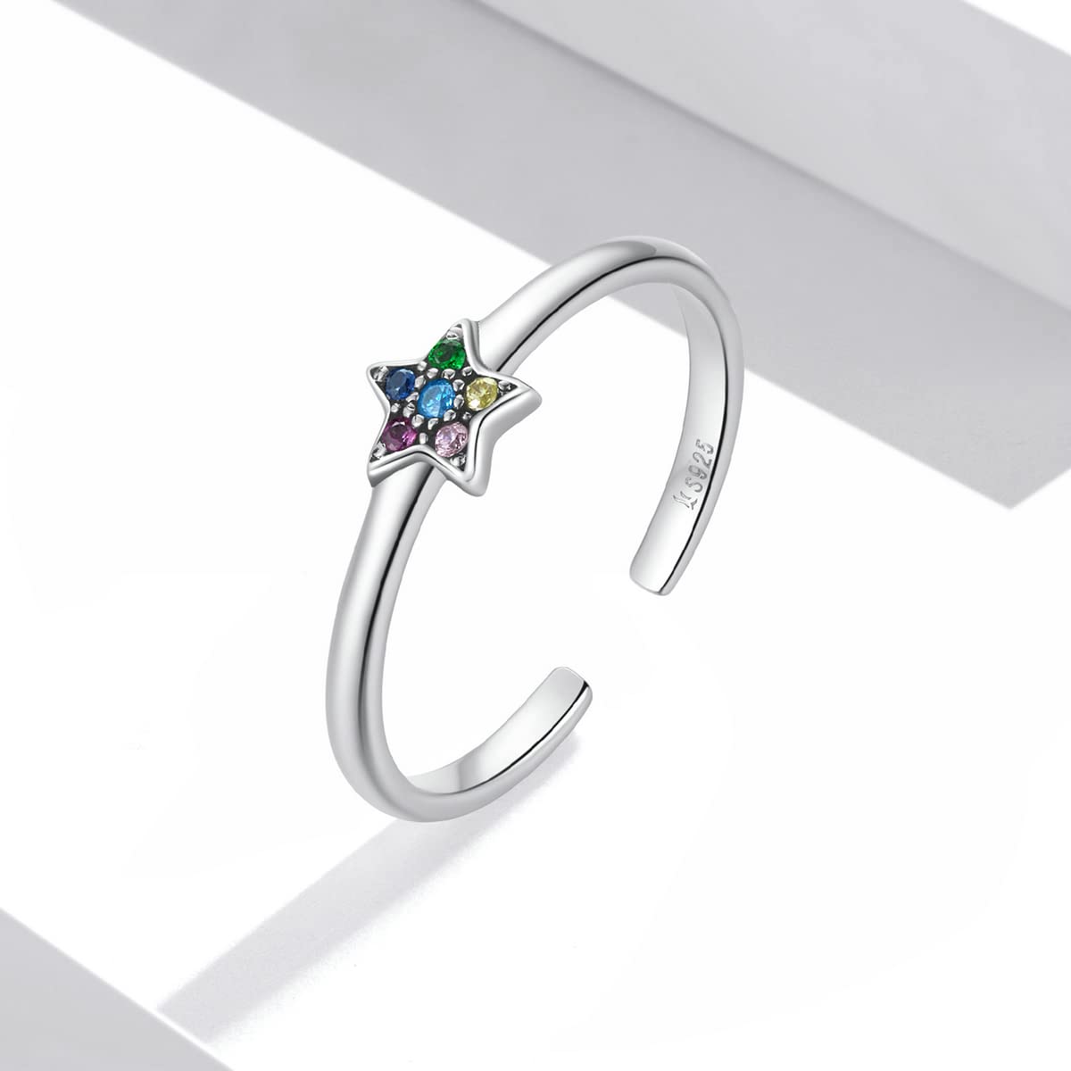 VUZALRANO S925 Sterling Silver Colorful Star and Crescent Moon Open Statement Rings CZ Lucky Star Engagement Promise Eternity Ring Tail Finger Band Wedding Bands, Star