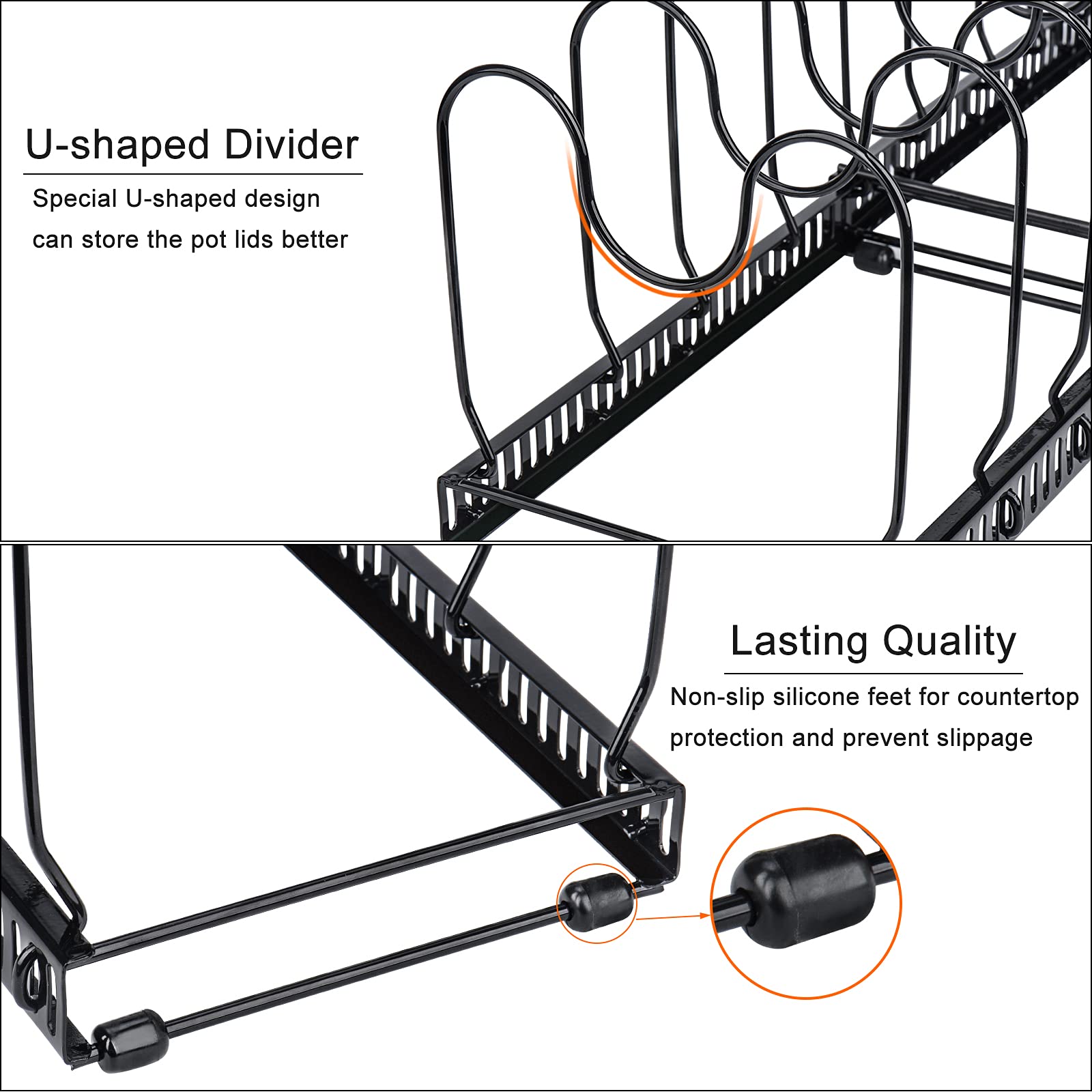 Toplife Adjustable 10+ Pans Organizer Rack + 7+ Lids Organizer Rack + 10+ Bakeware Organizer Rack for Kitchen Cabinet and Counter, Black