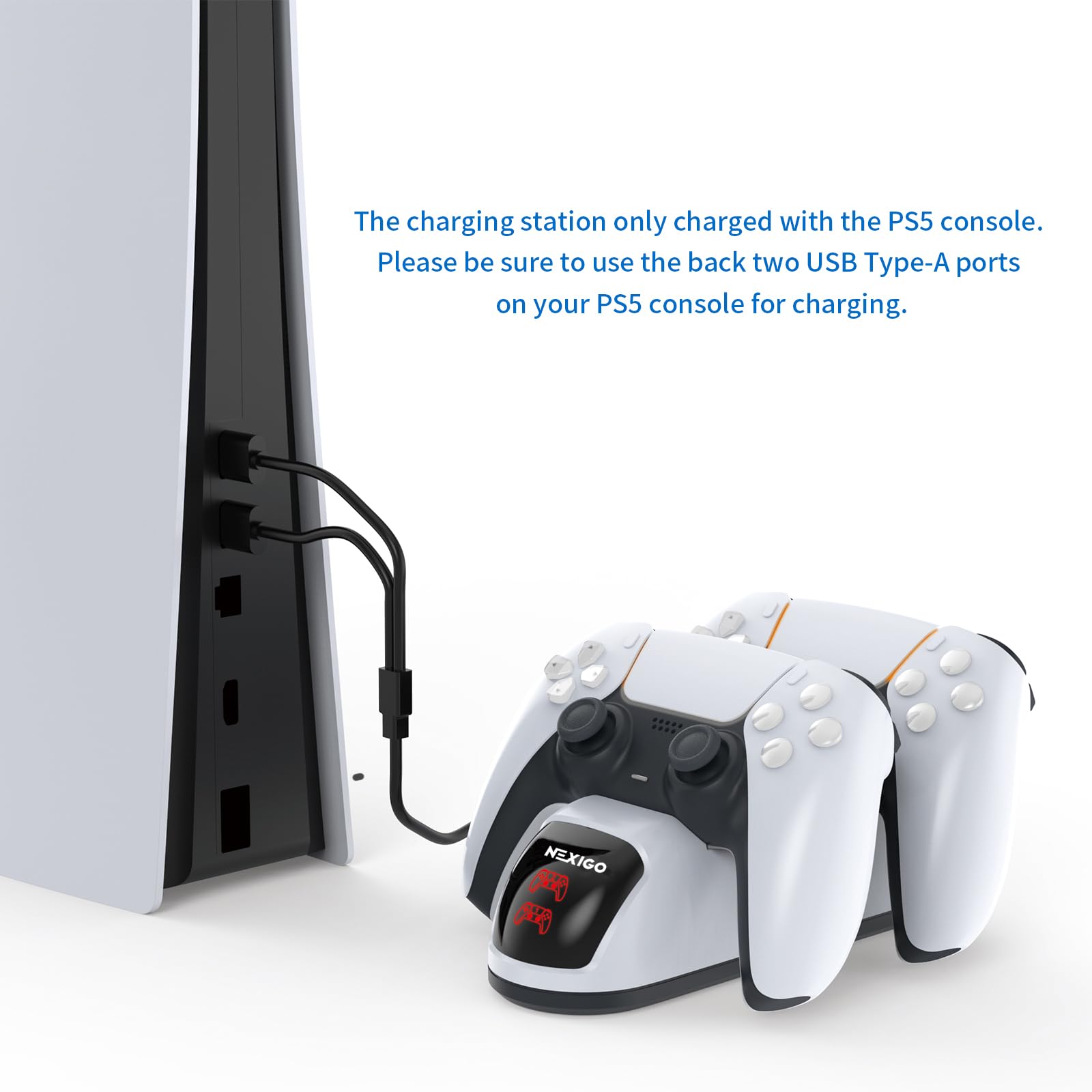 NexiGo PS5 Controller Charging Station, Fast Charging AC Adapter with Thumb Grips & Trigger Extenders, Controller Charger for Dual Playstation 5 Controllers, Charging Dock with LED Indicator, White