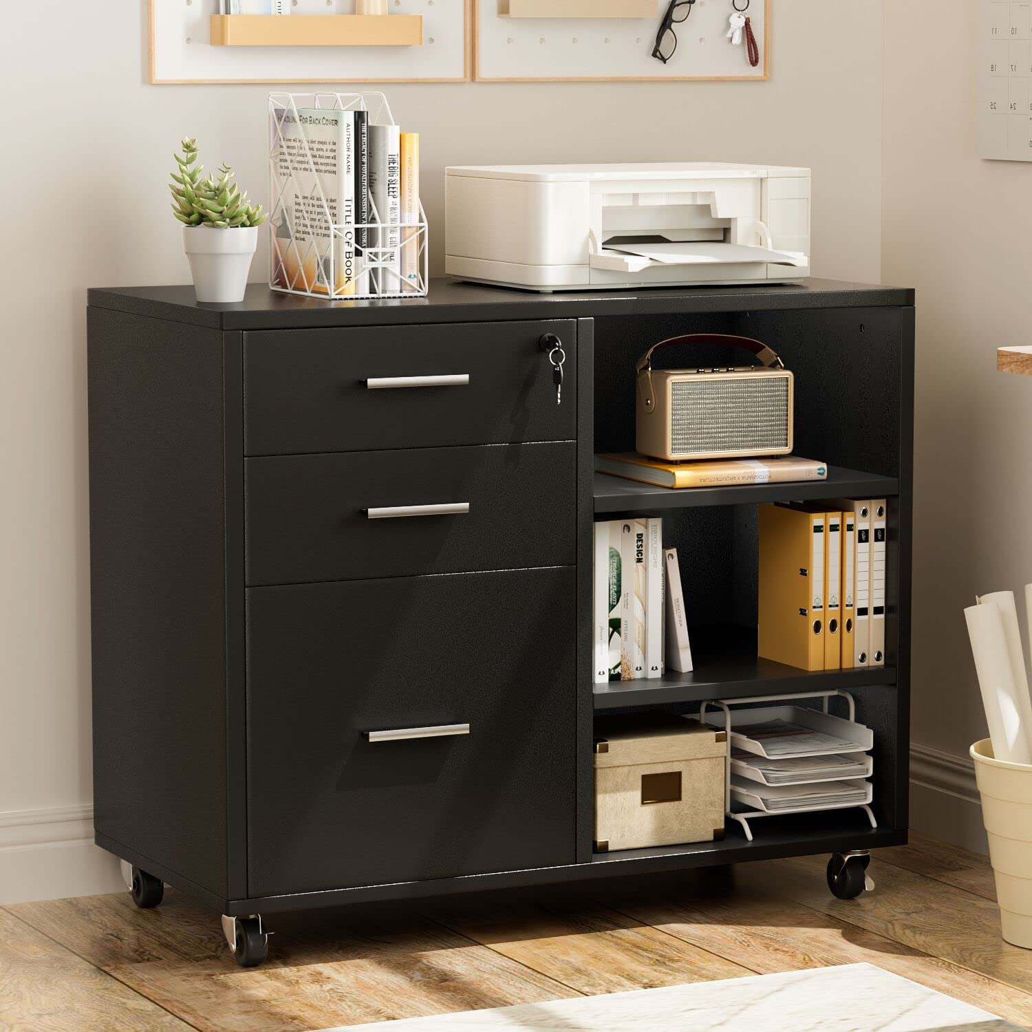 Shahoo 3 Drawer Wood Filing Cabinet, Mobile Lateral Printer Adjustable Open Storage Shelf, Lockable Wheels for Home Office, 15.7"D x 31.8"W x 26.3"H, Dark Black