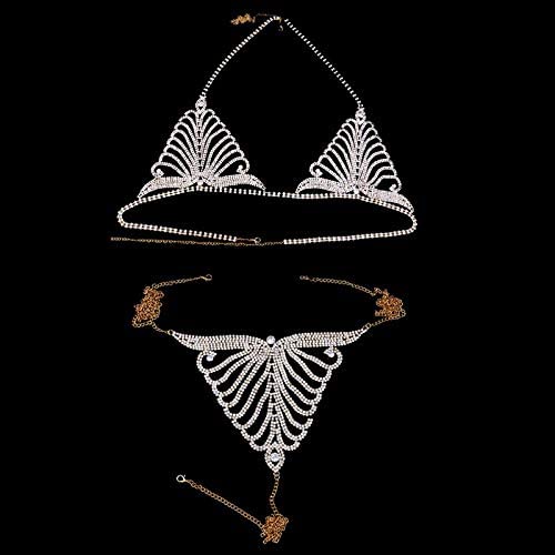 Salircon Glitter Rhinestone Top and Thong Women's Rhinestone Bikini Body Chain Adjustable Plus Size Bra and Panty Set (Silver 2 Underwear)