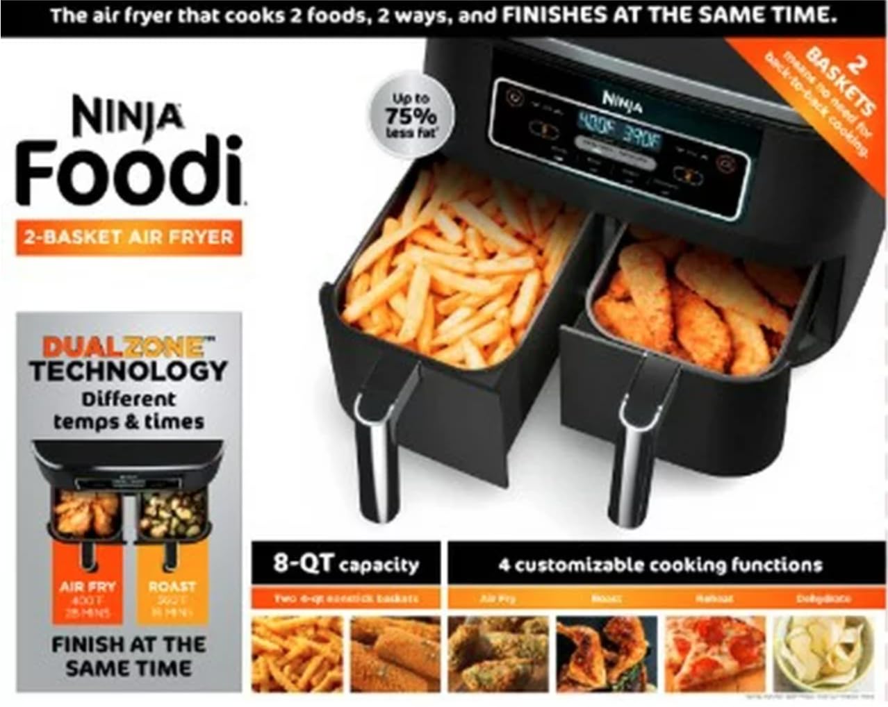 Ninja Foodi 4-in-1 8-Quart. 2-Basket Air Fryer with DualZone Technology- Air Fry, Roast, and More
