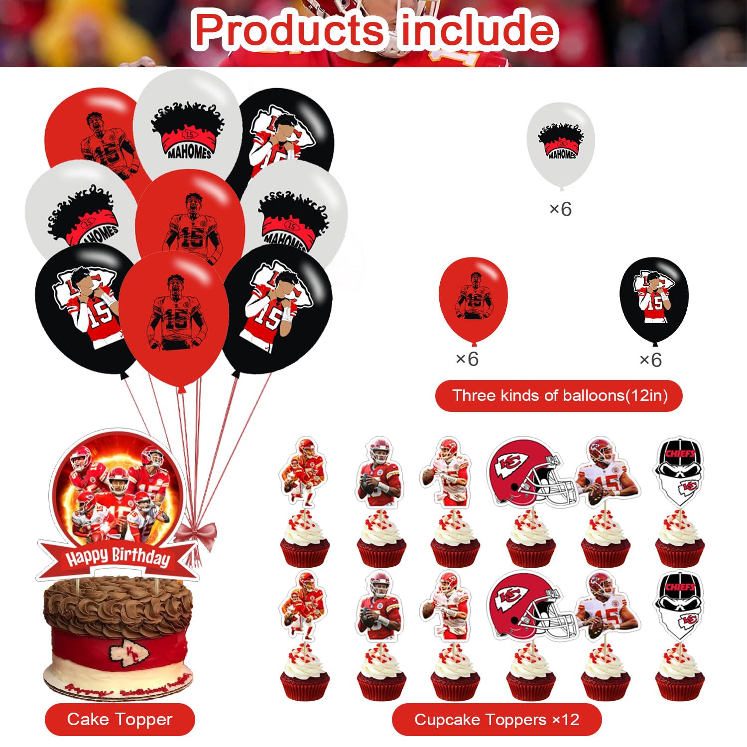 Patrick Mahomes Party Decorations,Football Birthday Party Supplies Includes Banner - Cake Topper - 12 Cupcake Toppers - 18 Balloons