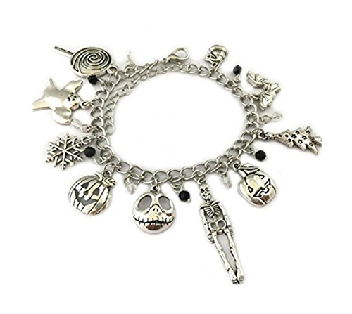 Nightmare Before Christmas 9 Themed Charms Silvertone Metal Charm Bracelet