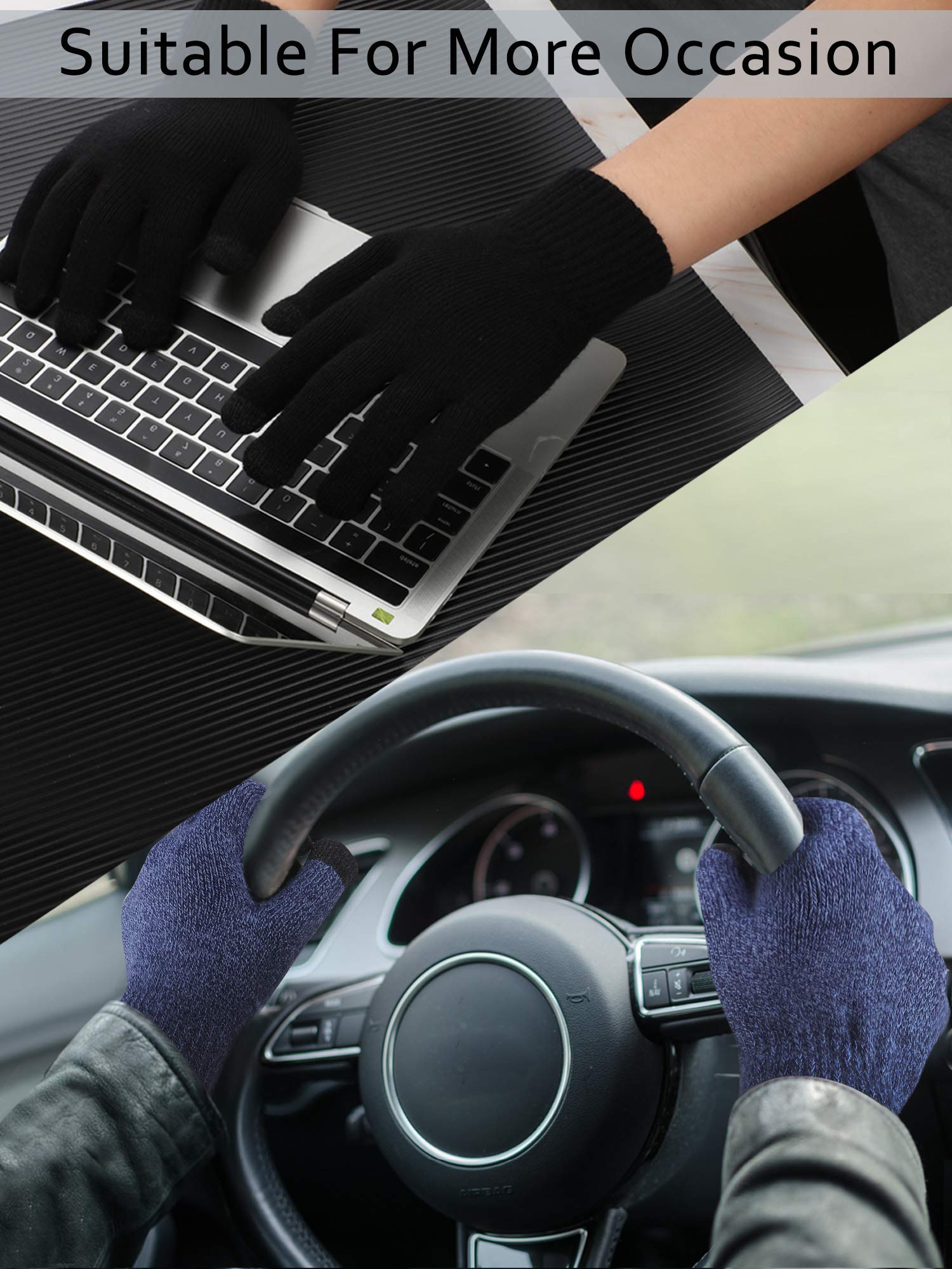 SATINIOR 4 Pairs Winter Knit Touchscreen Gloves Warm Texting Gloves Elastic Anti-slip Gloves for Adults (Black, Black Red, Black White, Navy, M)