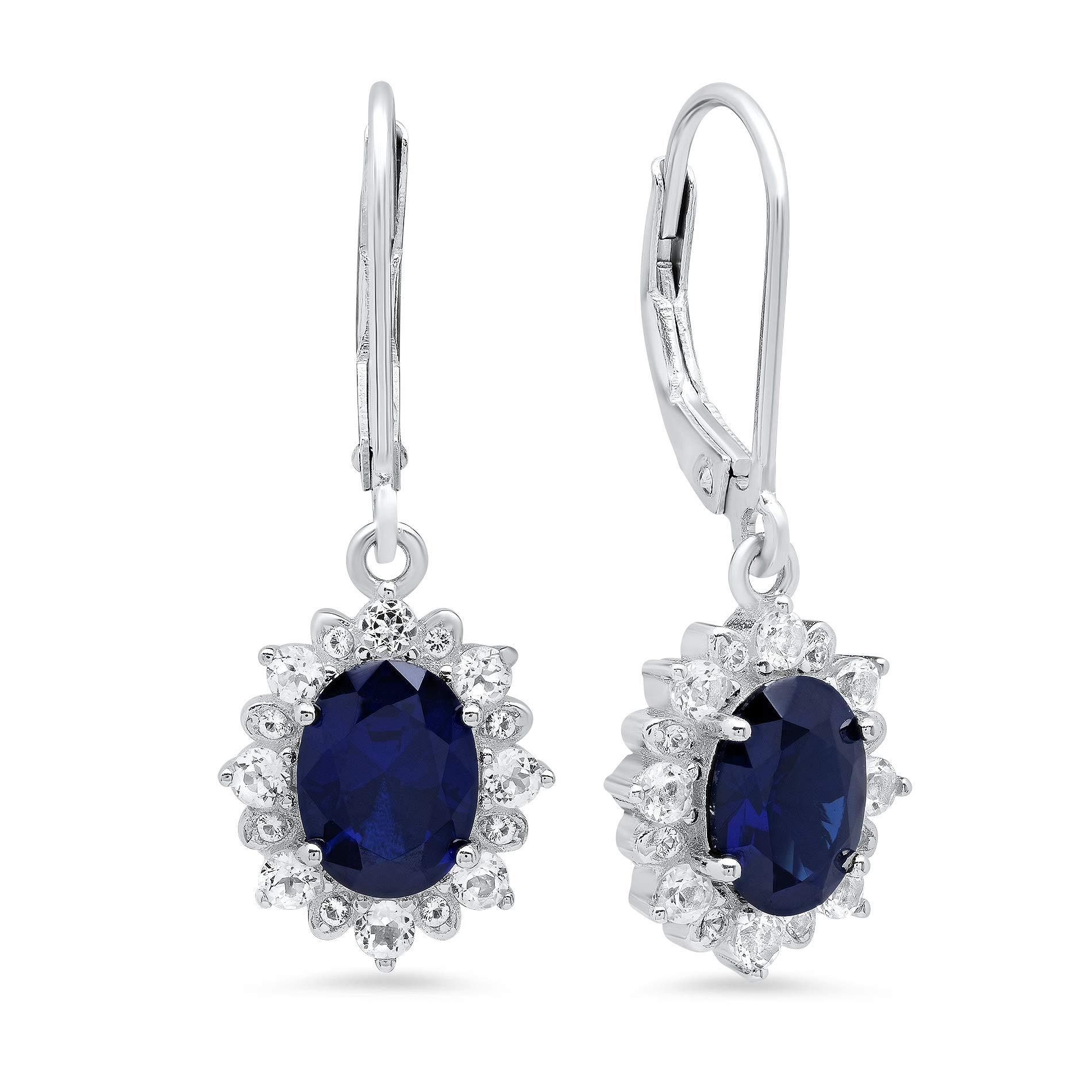 Parade of Jewels 925 Sterling Silver Halo Sunburst Created Blue Sapphire Oval Dangle Earrings for Women | 8x6mm September Birthstone with Leverback White Topaz Accent Stones