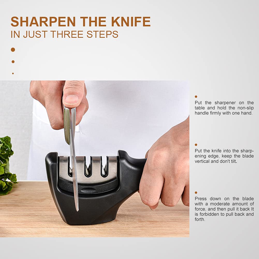 Professional Kitchen Knife Sharpener, 3 Stage Knife Sharpener, Handheld Manual Knife Sharpener Suitable for 99% of Knives, Sharp, Rough Grinding, Fine Grinding, Repair, Restore, Polish (102KS)