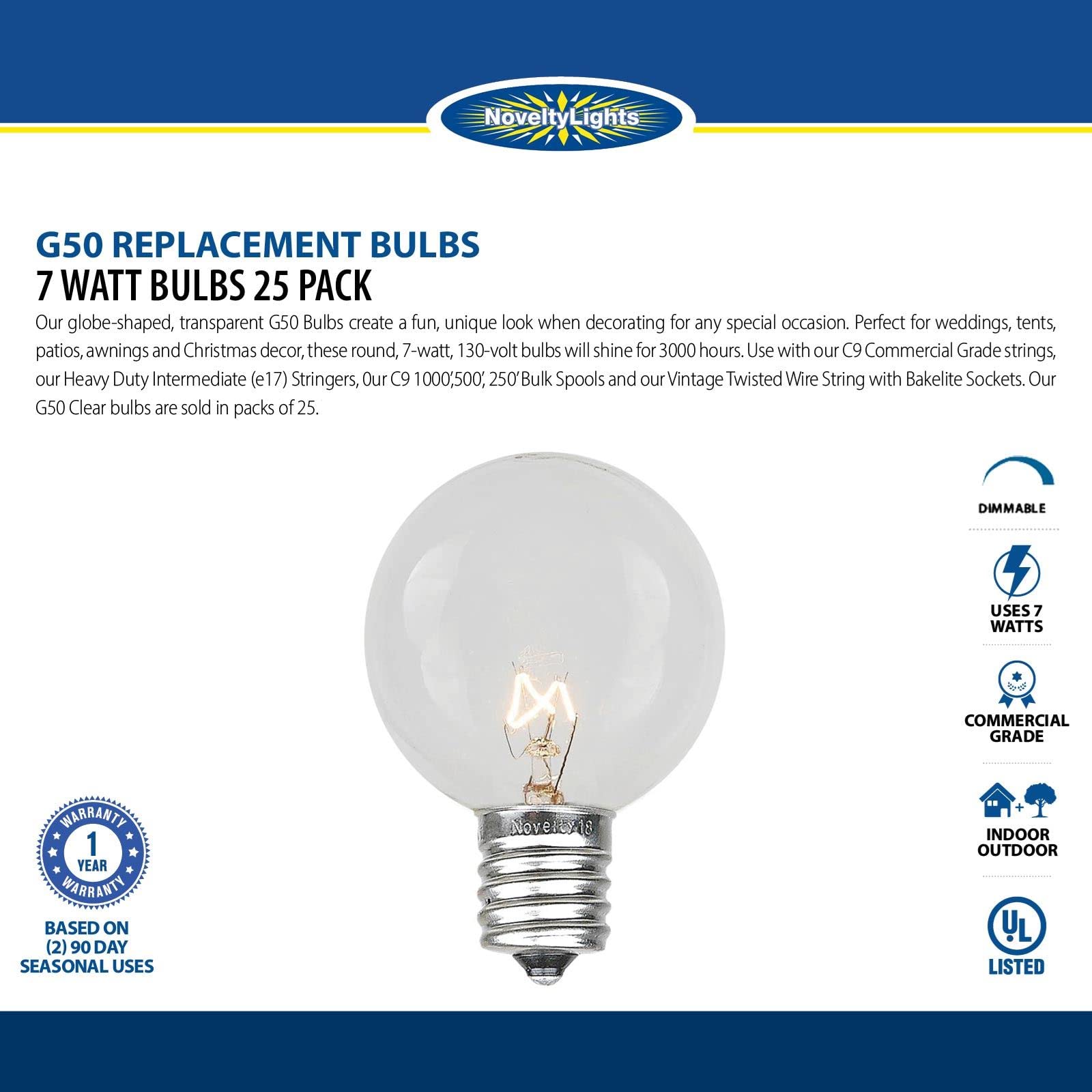 Novelty Lights Incandescent G50 Globe Replacement Bulbs - Outdoor Individual Bulbs For Events, Holiday Parties, Patios, And More - E17/C9 Intermediate Base, 7 Watt Lights (Clear, 25 Pack)