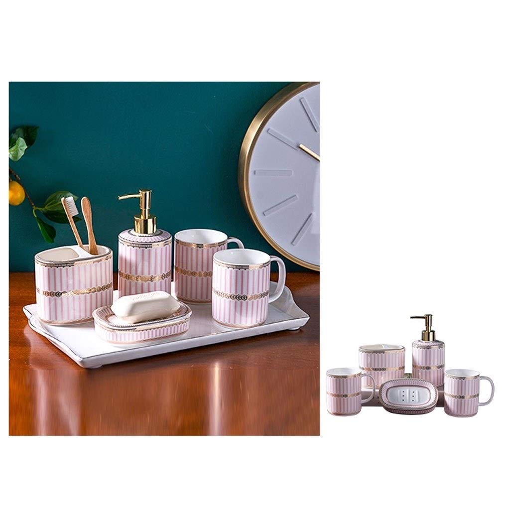 Shower Pump Soap Dispenser, 6 Piece Bathroom Sink Set,Toothbrush Holder, Tooth Glass X 2, Soap Dish, Soap Dispenser,Tray (Color : Blue Circles) (Pink Stripes)