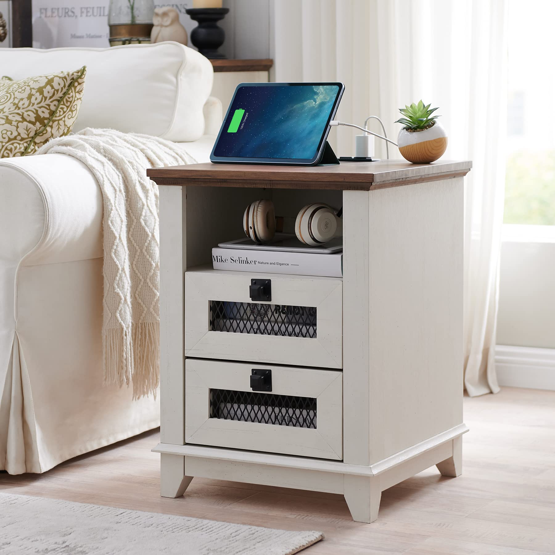 Nightstand with Charging Station,OKD 18'' Industrial & Farmhouse End Table with 2 Drawers & Open Cubby, Rustic Mesh Drawer Sofa Side Table w/Storage for Bedroom, Living Room, Office, Light Rustic Oak