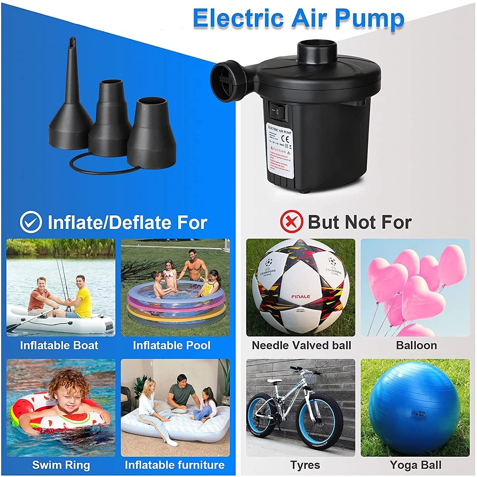 Quick-Fill Electric Air Pump, Portable Inflator and Deflator Pump with 110V AC & 12V DC Cigarette Adapter for Pool Floats, Blow up Pool Raft Bed Boat Toy Inflatables Couch (AC&DC)