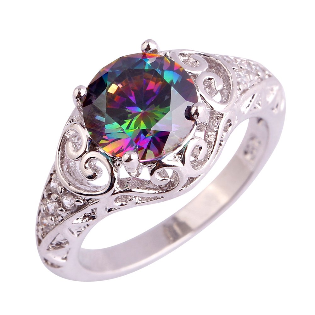 Psiroy 925 Sterling Silver Plated Round Simulated Rainbow Topaz Floral Cocktail Ring for Women Size 10