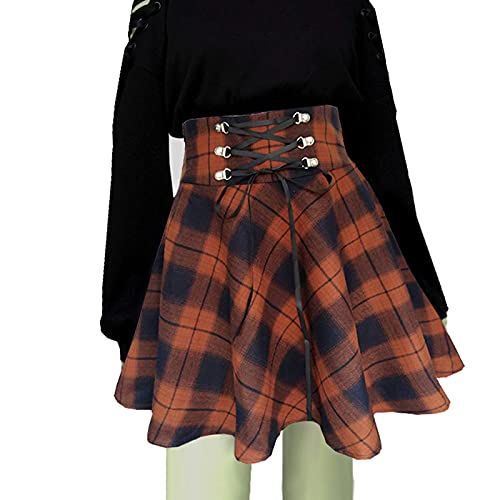 TONCHENGSD Women's Gothic Punk Plaid Pleated High Waisted Short A-line Flare Mini Skirt (3# Brown Plaid, XL)