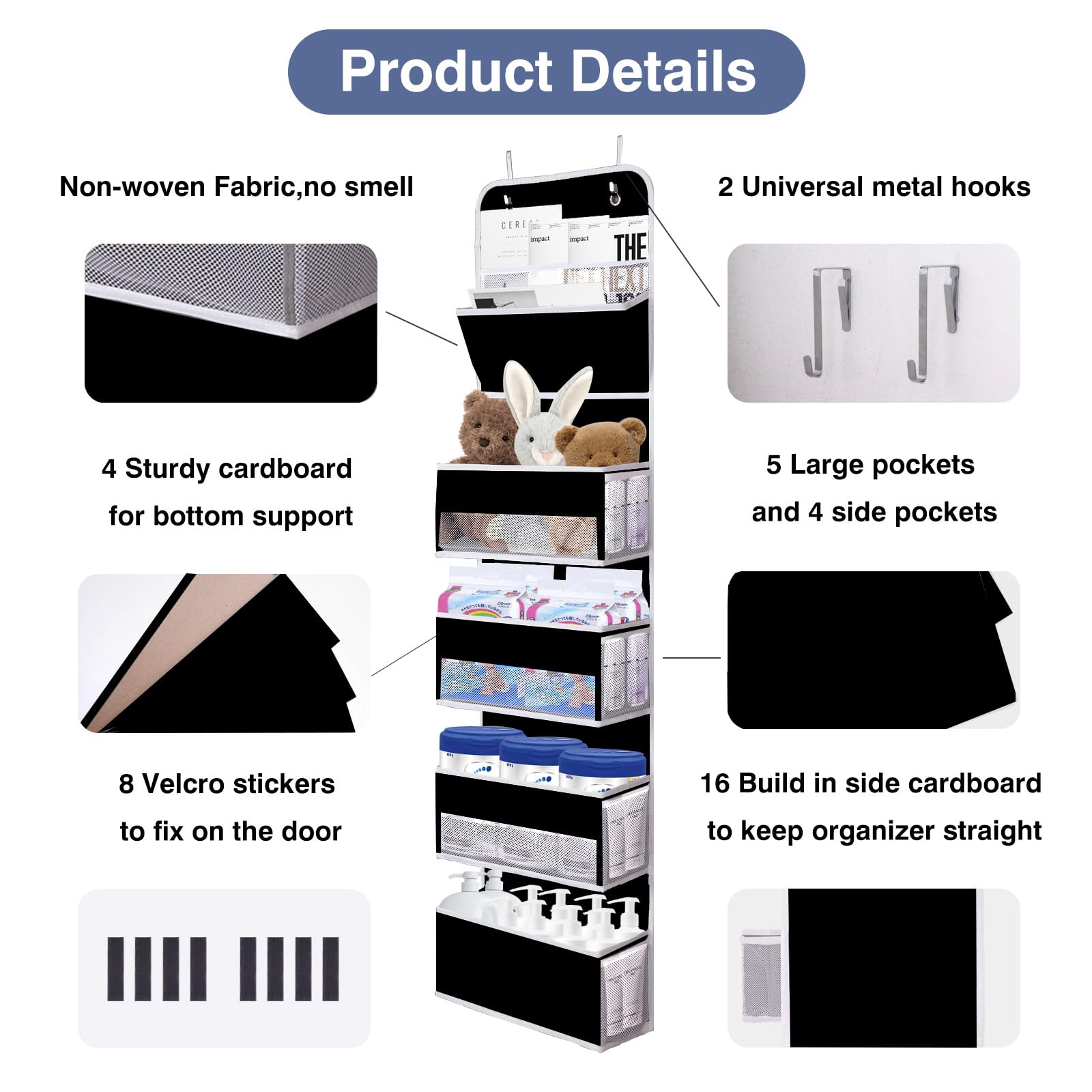 SHALORY Over Door Hanging Organizer,5-Shelf and 4 Side Pockets with Velcro Stickers Secure Heavy Duty Organization for Bedroom Pantry Nursery Cosmetics Clothes Toys and Diapers