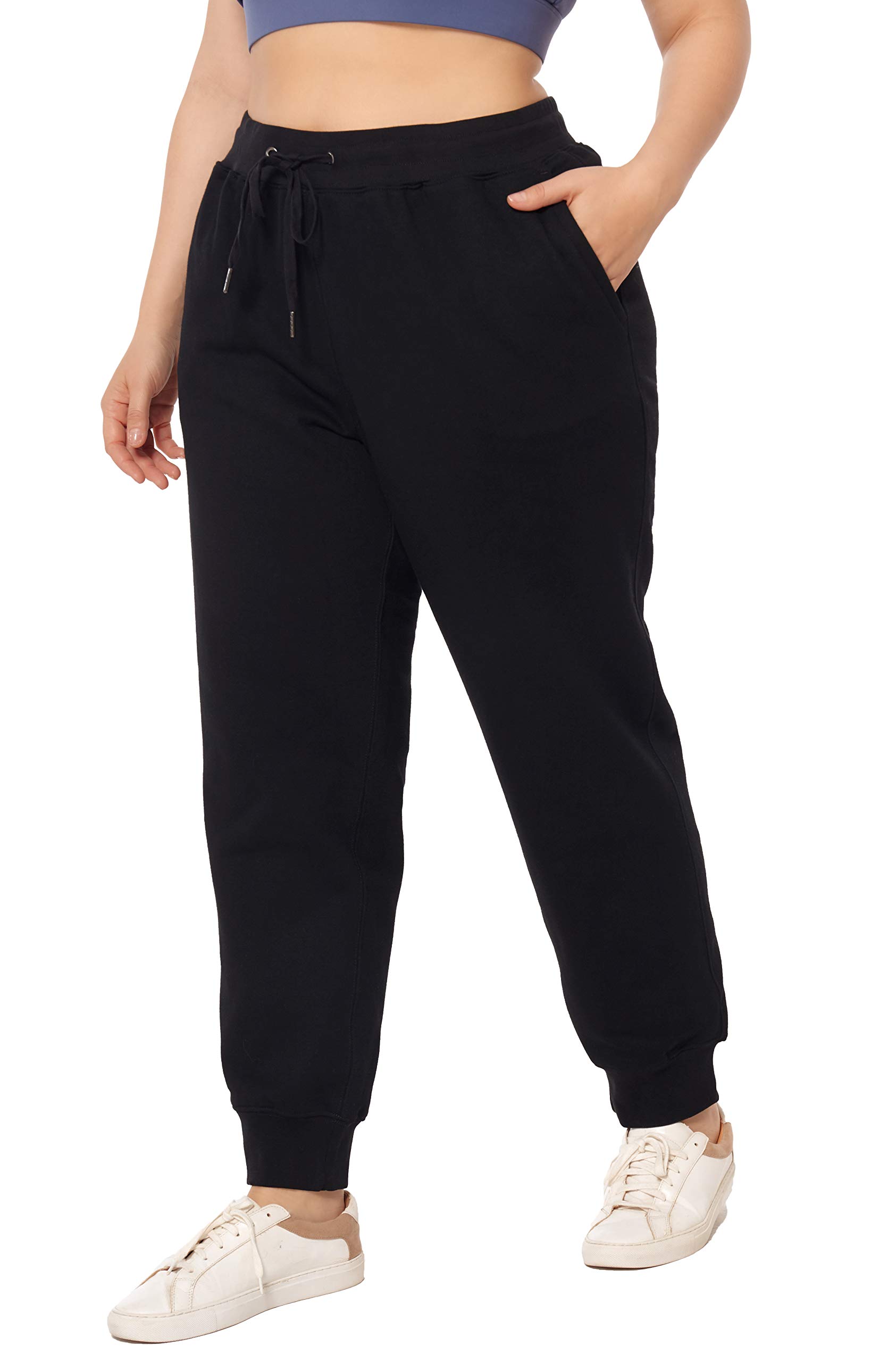 ZERDOCEAN Women's Plus Size Cotton Sweatpants Cozy Joggers Pants Tapered Active Yoga Lounge Casual Pants Drawstring Black 2X