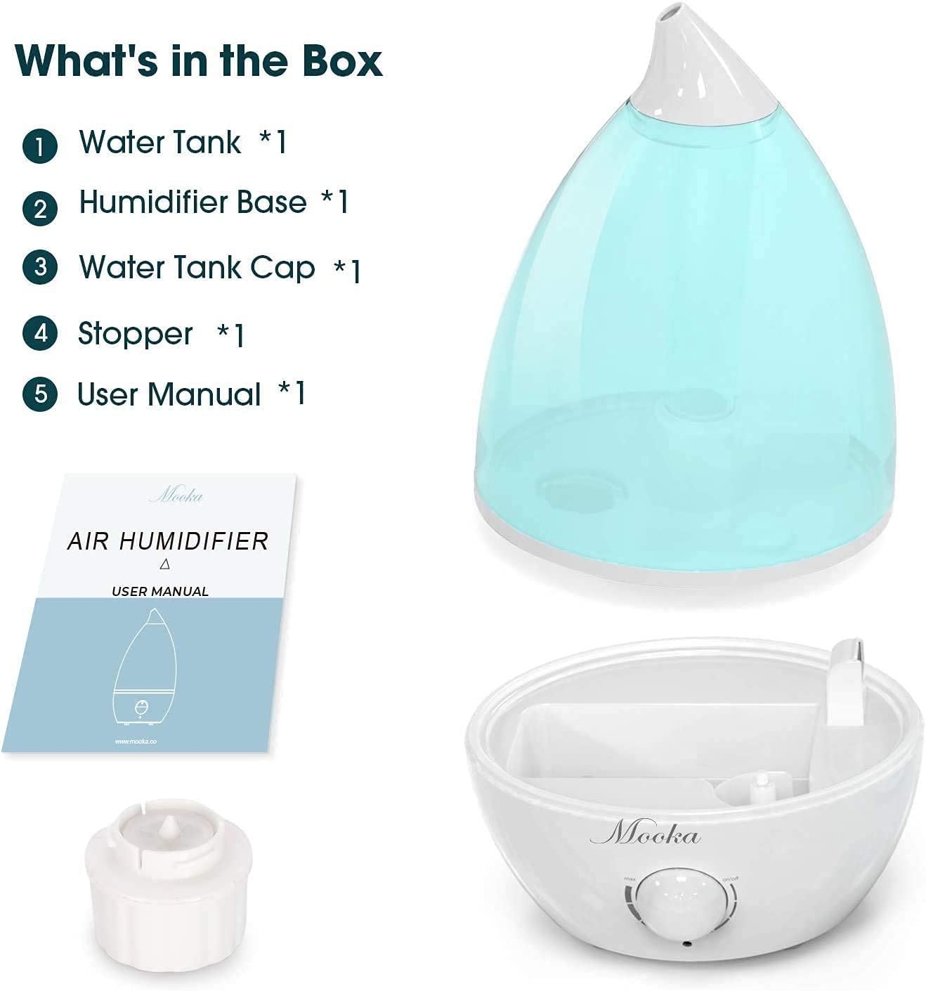 Mooka Humidifiers 2-in-1 Cool Mist Humidifier Diffuser for Baby Home Bedroom Office, 2L Essential Oil Diffuser with Adjustable Mist Output, Waterless Auto-Off, Whisper-Quiet, Up to 21 Hours, BPA Free