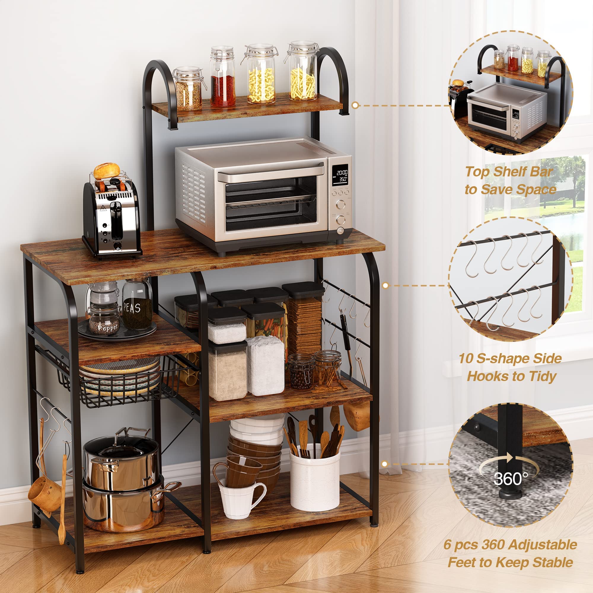 Mr IRONSTONE Bakers Rack Microwave Stand Kitchen 35.5" Microwave Cart 3-Tier+4-Tier Kitchen Shelves for Spice Organizer Coffee Station with 10 Hooks, Easy to Assemble (Vintage), 90 × 40 × 131 cm