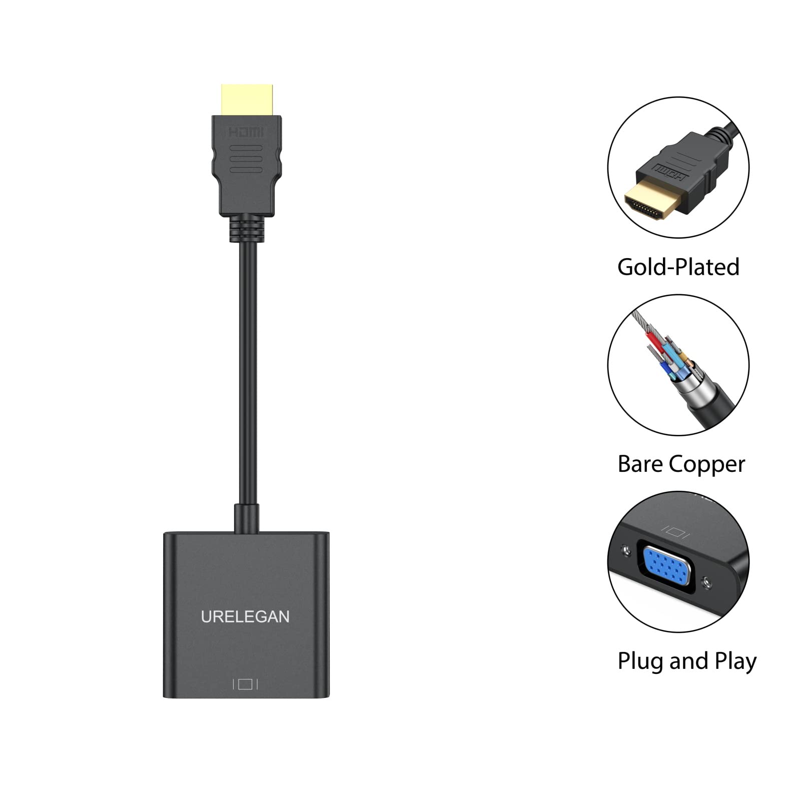 URELEGAN HDMI to VGA Adapter, 1080P Gold-Plated Cord for Computer, Desktop, Laptop, PC, Monitor, Projector, HDTV, Chromebook, Raspberry Pi, Roku, Xbox