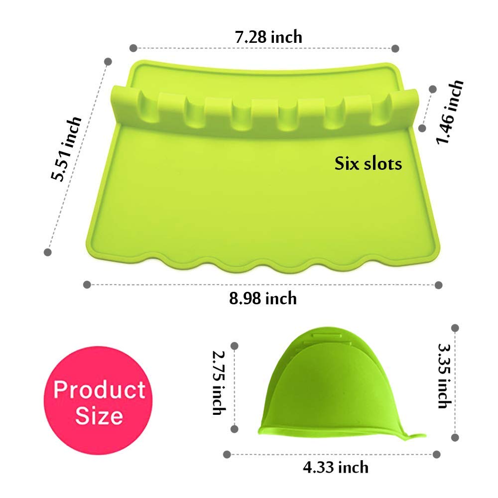 Silicone Utensil Rest with Drip Pad and Silicone Double Finger Grips, Heat-Resistant 410β, BPA-Free Spoon Rest & Spoon Holder for Stove Top, Spoon, Ladle, Spatula (Green)