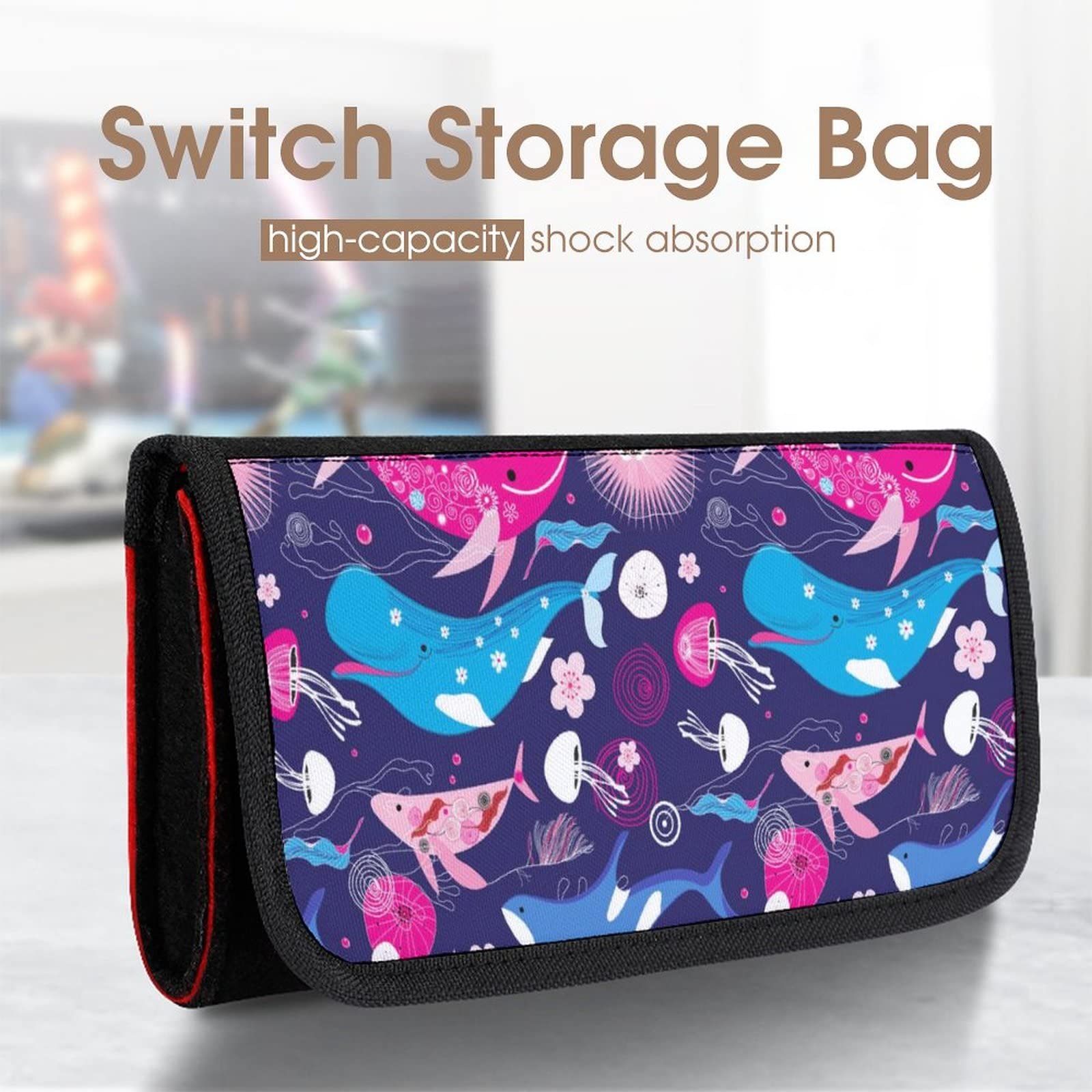 Vibrant Whales Carrying Bag Compatible with Switch Protective Case Slim Felt Pouch with 5 Game Cartridges Holders