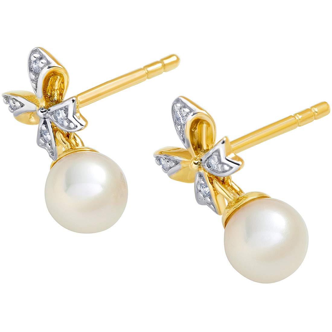 Peora Freshwater Cultured White Pearl Drop Earrings in 14K Yellow Gold, Round Shape, 5mm Pretty Bow Dangle Design, Friction Backs