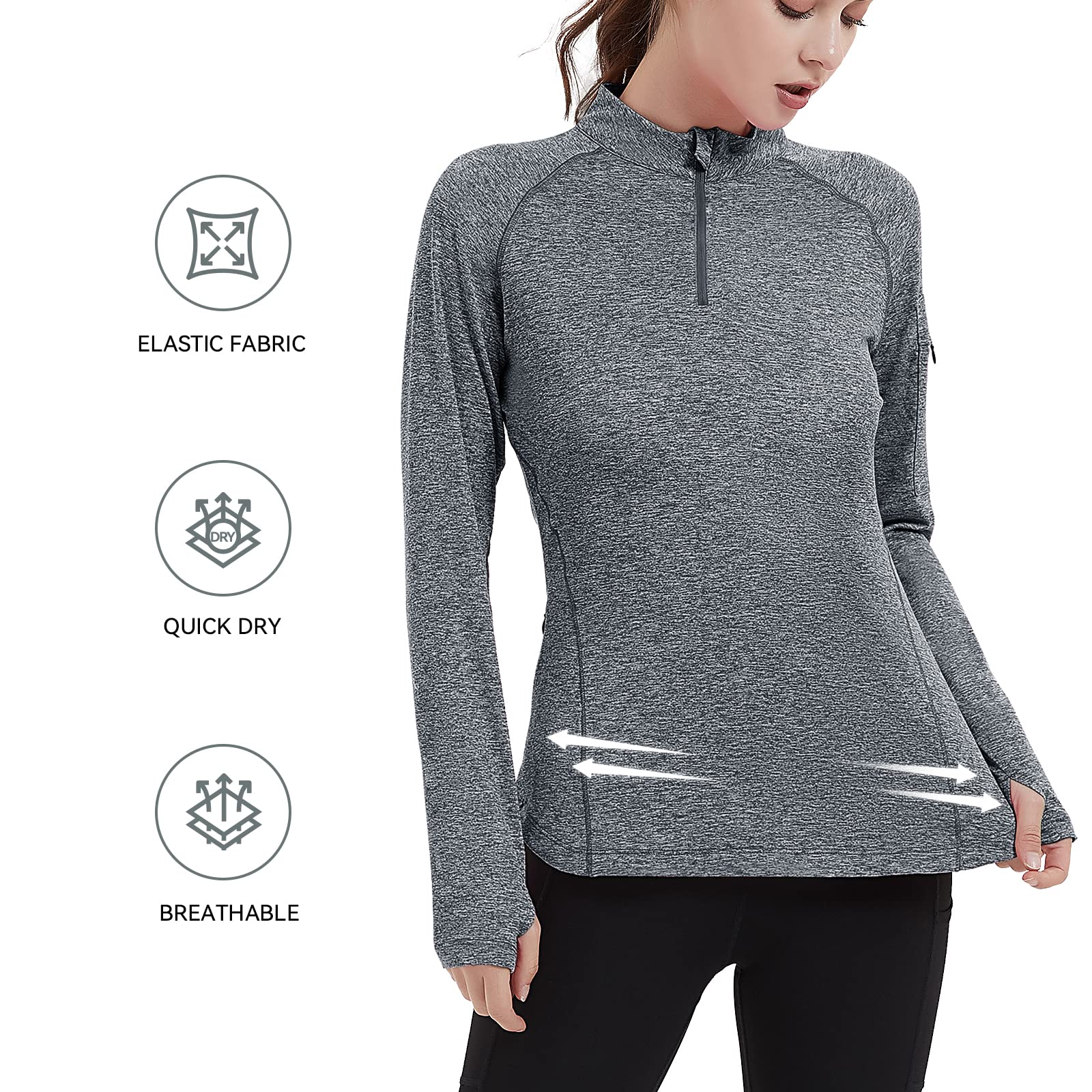 Women's 1/4 Zip Long Sleeve Running Shirts Thumb Holes Quick Dry Workout Athletic Pullover Tops with Zipper Pockets Grey