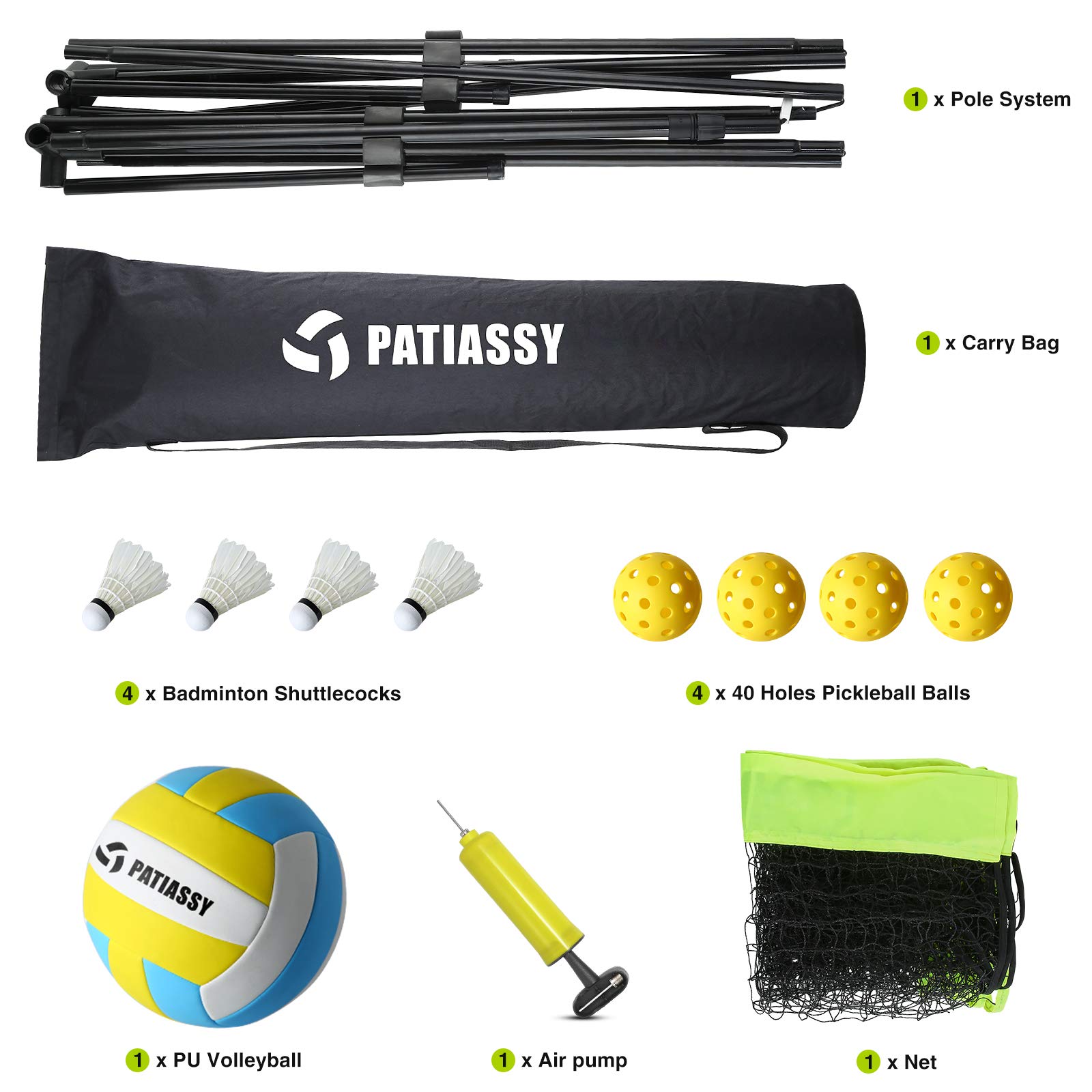 Patiassy 17ft Portable Volleyball Badminton Net Set - Indoor Outdoor Adjustable Height Net with Poles, 4 Shuttlecocks, 4 Pickleballs and 1 Volleyball for Backyards Beach