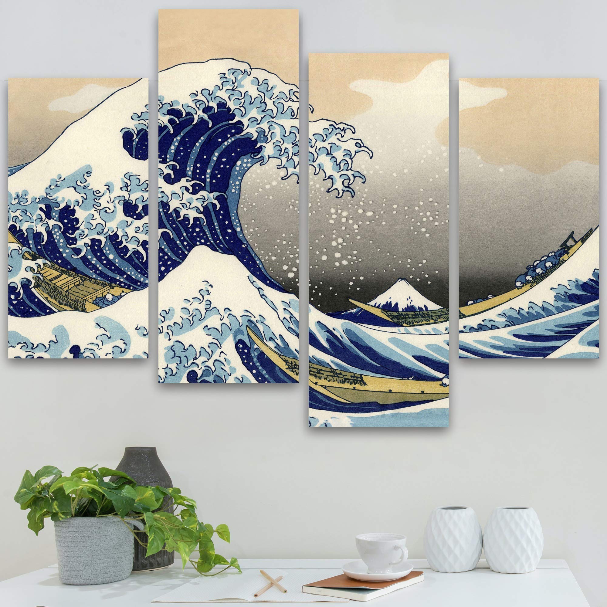 SIGNLEADER 4 Panel Large Japanese The Great Wave Landscape Canvas Wall Art for Living Room Bedroom Home Office Wall Decor - 48"x35.75"