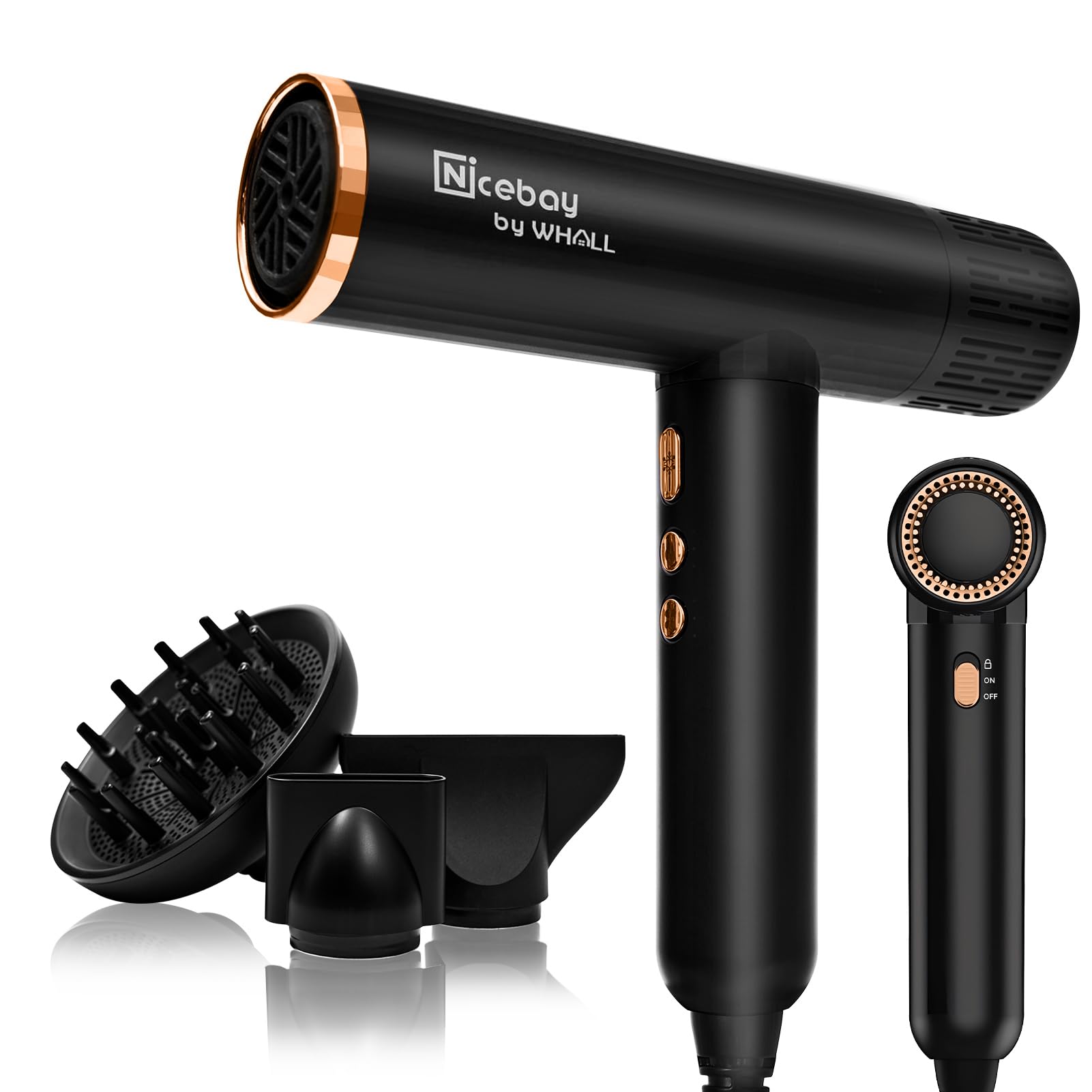 Nicebay® Ionic Hair Dryer with Diffuser, 1600W &110000RPM High-Speed Brushless Motor for Rapid Drying. Lightweight, Constant Temperature, Salon Blow Dryer with 3 Magnetic Attachments
