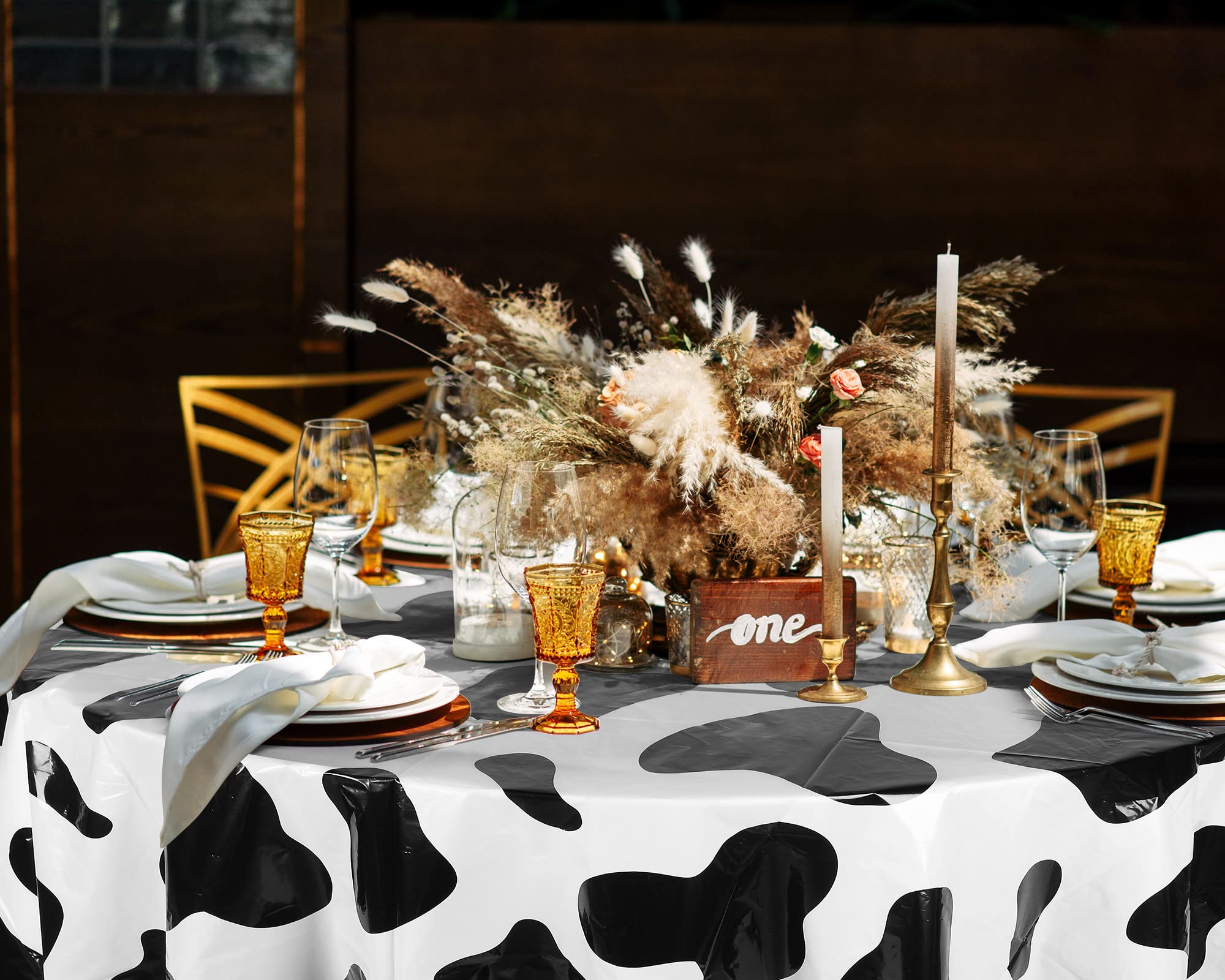 Oudain 6 Pcs 84'' Cow Tablecloth Round Tablecloth Plastic Washable Table Cloth Disposable Stain Resistant Table Cover for Picnic Camping Party Xmas Kitchen Dining Table(Black, Simple Style, 6 Pcs)