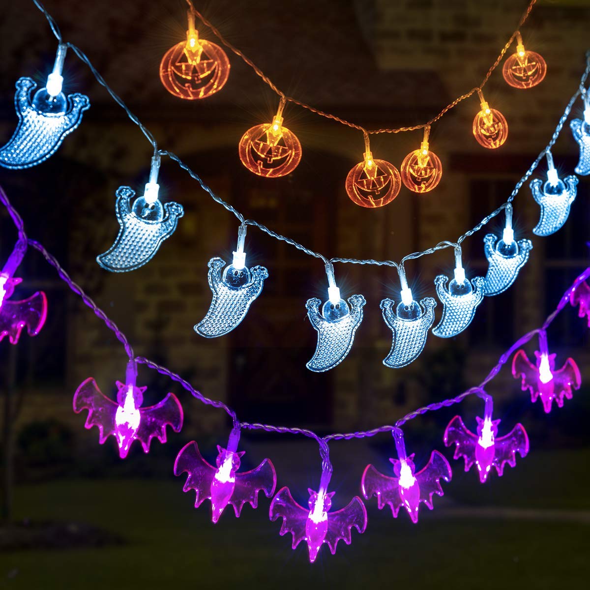 Shanyuna Halloween String Lights Outdoor Lights Battery Powered Pack 3 - Devil Bat Pumpkin Light Up Your Home Patio Garden Indoor for Halloween Party Decorations Decor