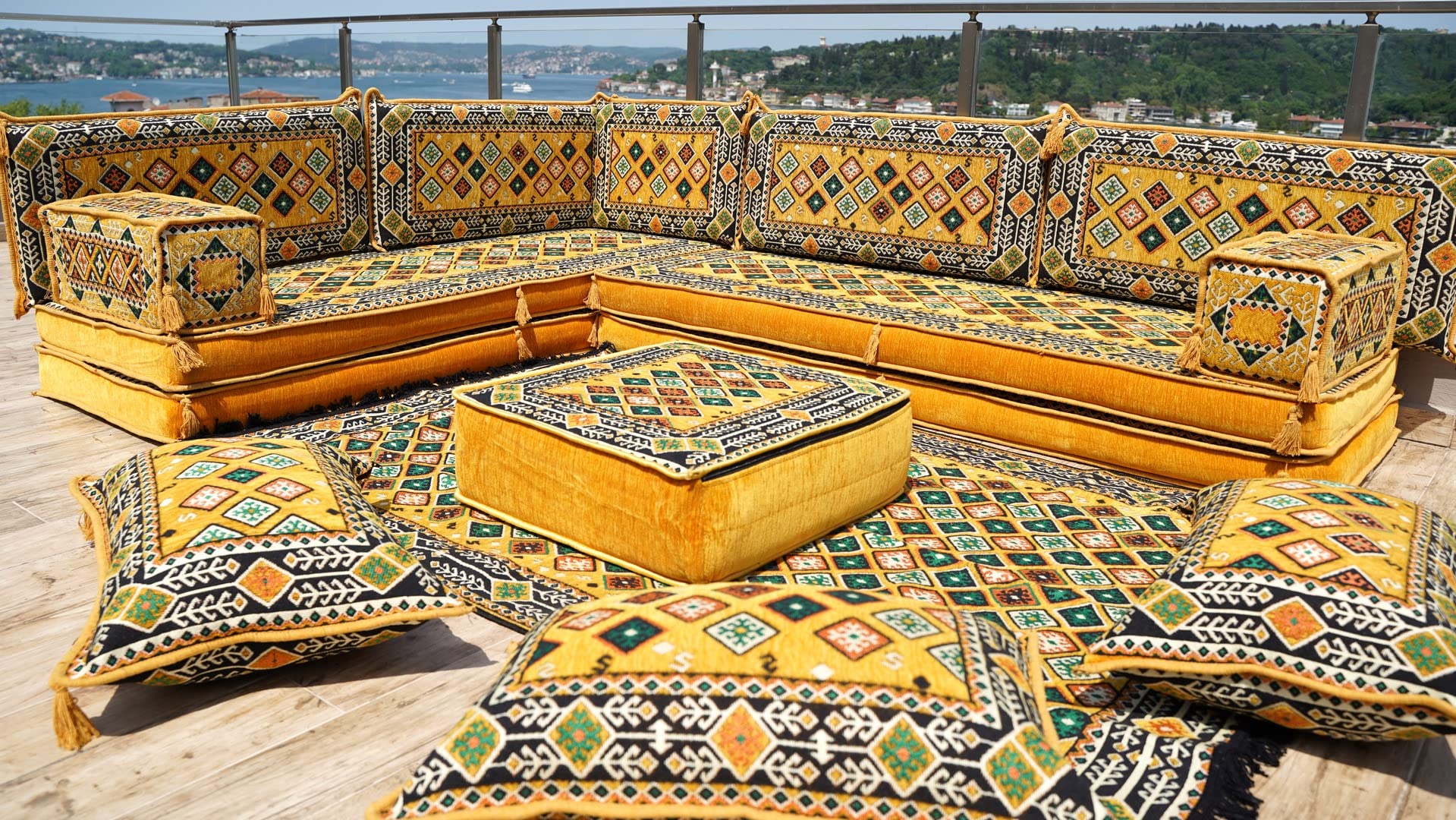 Yellow L Shaped Floor Couch, Sectional Sofa Set, Floor Pillow, Arabic Majlis, Moroccan Livingroom Cushion, 8" Thick Corner Floor Seating Set (L Sofa + Rug + Poufs)