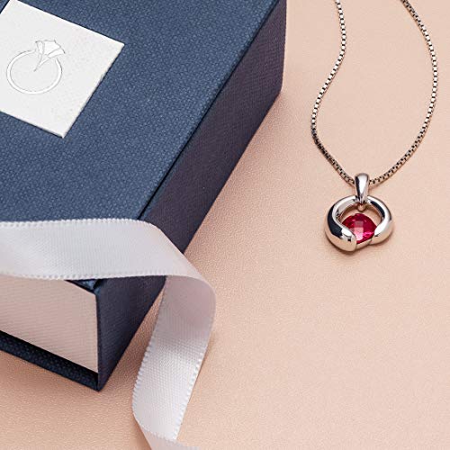 PEORA Created Ruby Pendant Necklace for Women Sterling Silver, Floating Orbit Solitaire, 1.25 Carats Cushion Cut 6mm, with 18 inch Italian Chain