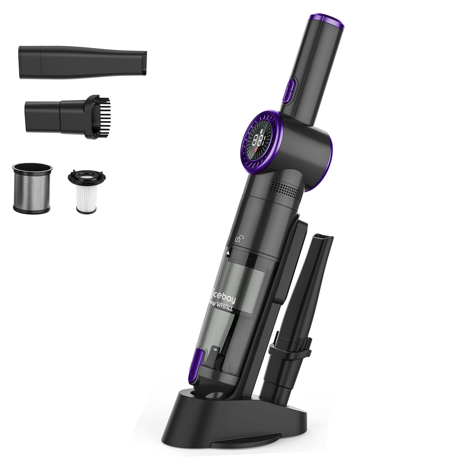 Nicebay Cordless Handheld Vacuum Cleaner, 15KPA Strong Suction Portable Hand Vacuum Cleaner, LED Display Car Vacuum Cleaner, Fast Charging Dock, Rechargeable Handheld Vacuum Purple