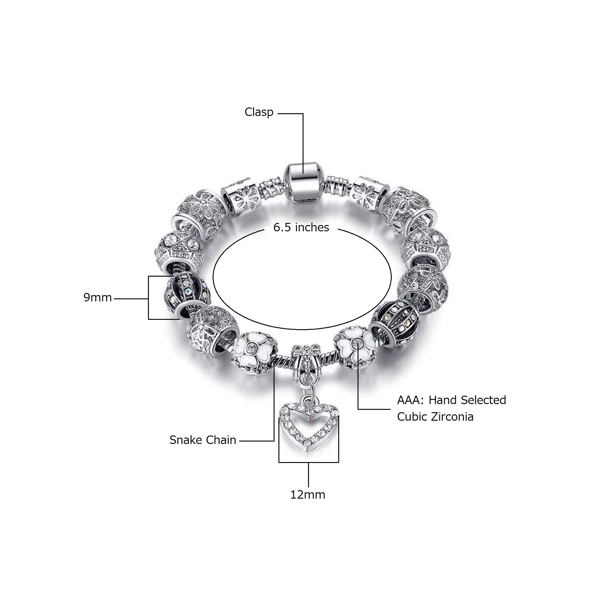 Savlano Silver Tone Heart Charm Bracelet with Crystal and Murano Glass Beads Snake Chain for Women Comes in a Gift Box
