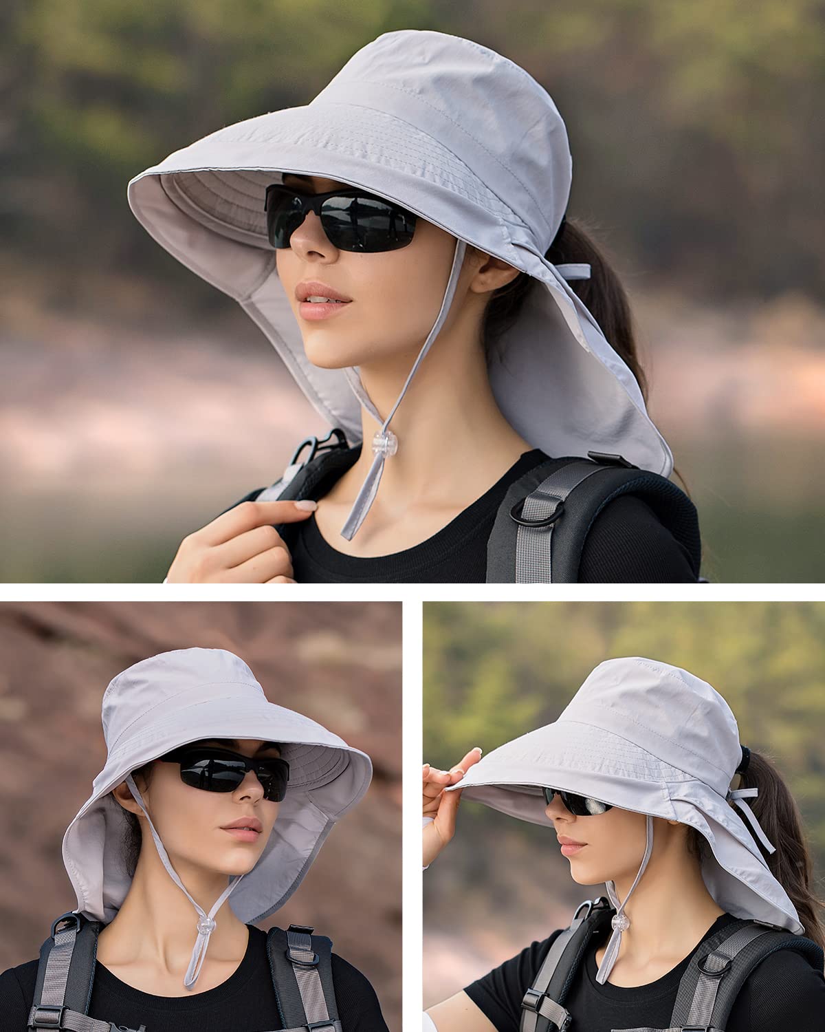 ZEXIAN Womens Sun Hat UPF 50+ Wide Brim and Ponytail Hole, Hiking Safari Hat with Neck Flap (Light Gray)