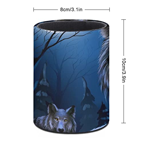 Moon Wolf Pen Holder PU Leather Pencil Cup Cute Desk Organizer Makeup Brush Box for Home Office