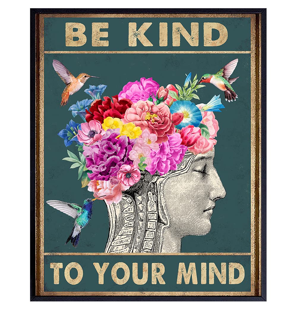 Yellowbird Art & Design Wall Art & Decor - Be Kind to Your Mind Inspiration Saying - Vintage Hummingbirds Mental health Brain Wall Art Poster - Zen Meditation Office Living room Bedroom Wall Art 8x10