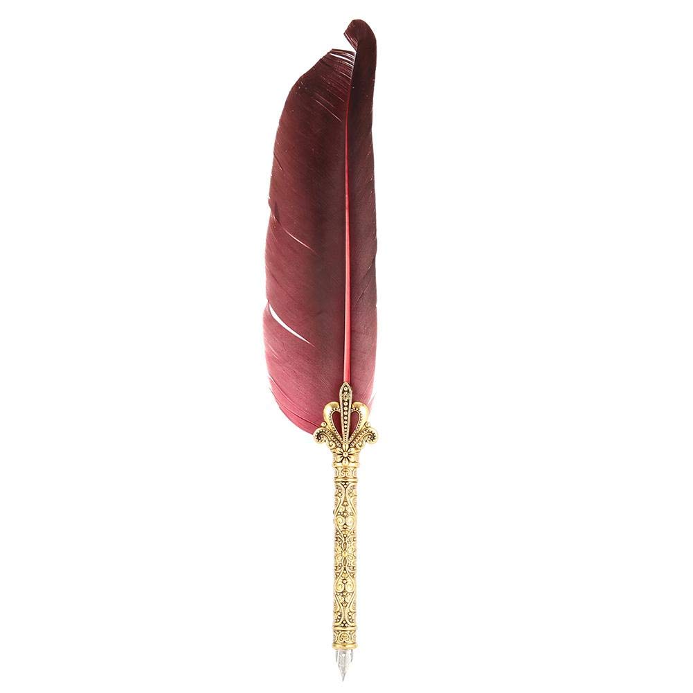 Simlug Calligraphy Pen Feather Quill Pen Set, Vintage Retro Feather Dip Pen Stainless Steel Nibs Calligraphy Writing Ink Pen Gift(Wine Red)