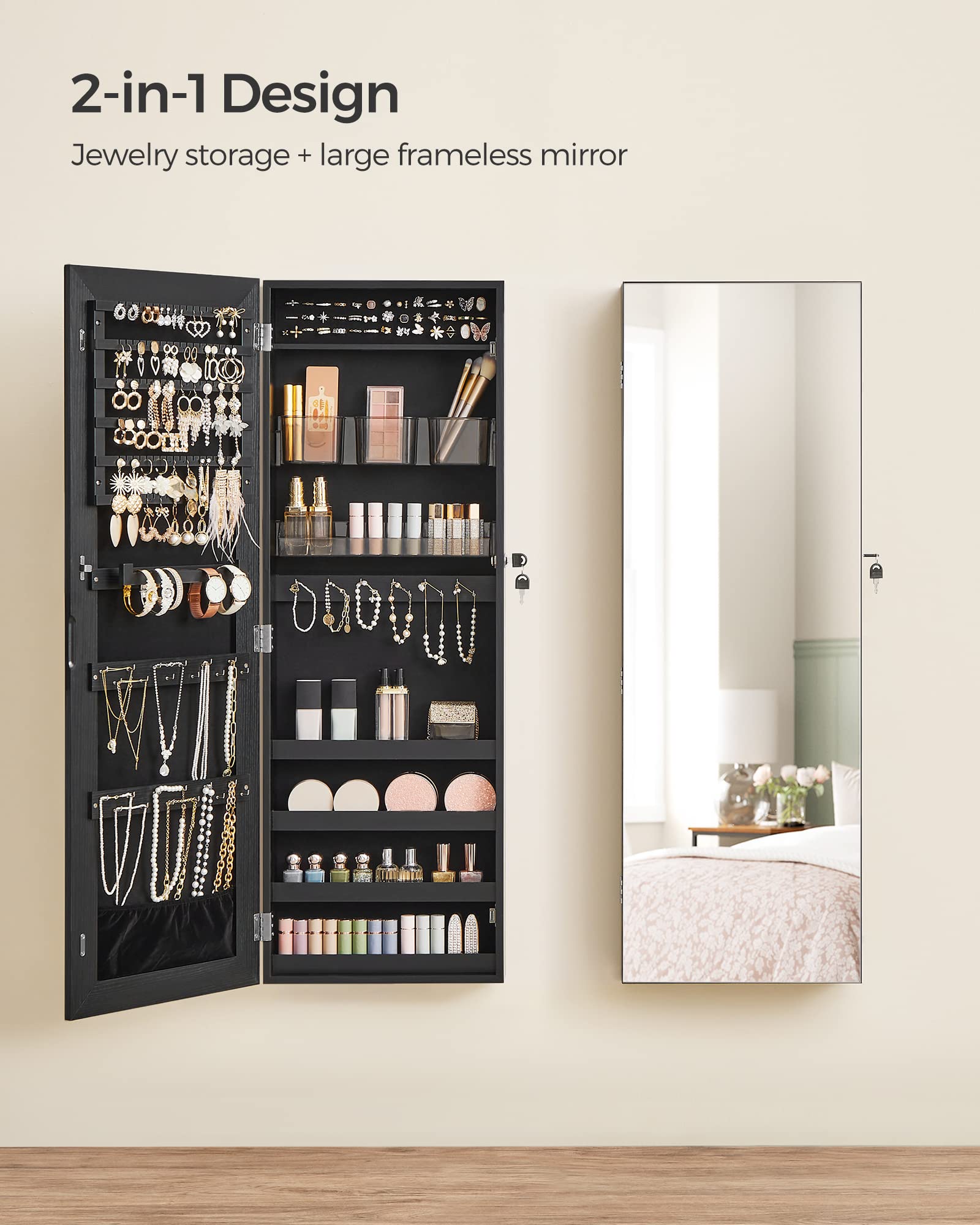 SONGMICS Mirror Jewelry Cabinet Armoire, Wall or Door Mounted Jewelry Storage, Hanging Lockable Frameless with 2 Plastic Cosmetic Organizers, Gift Idea, Black UJJC001B01