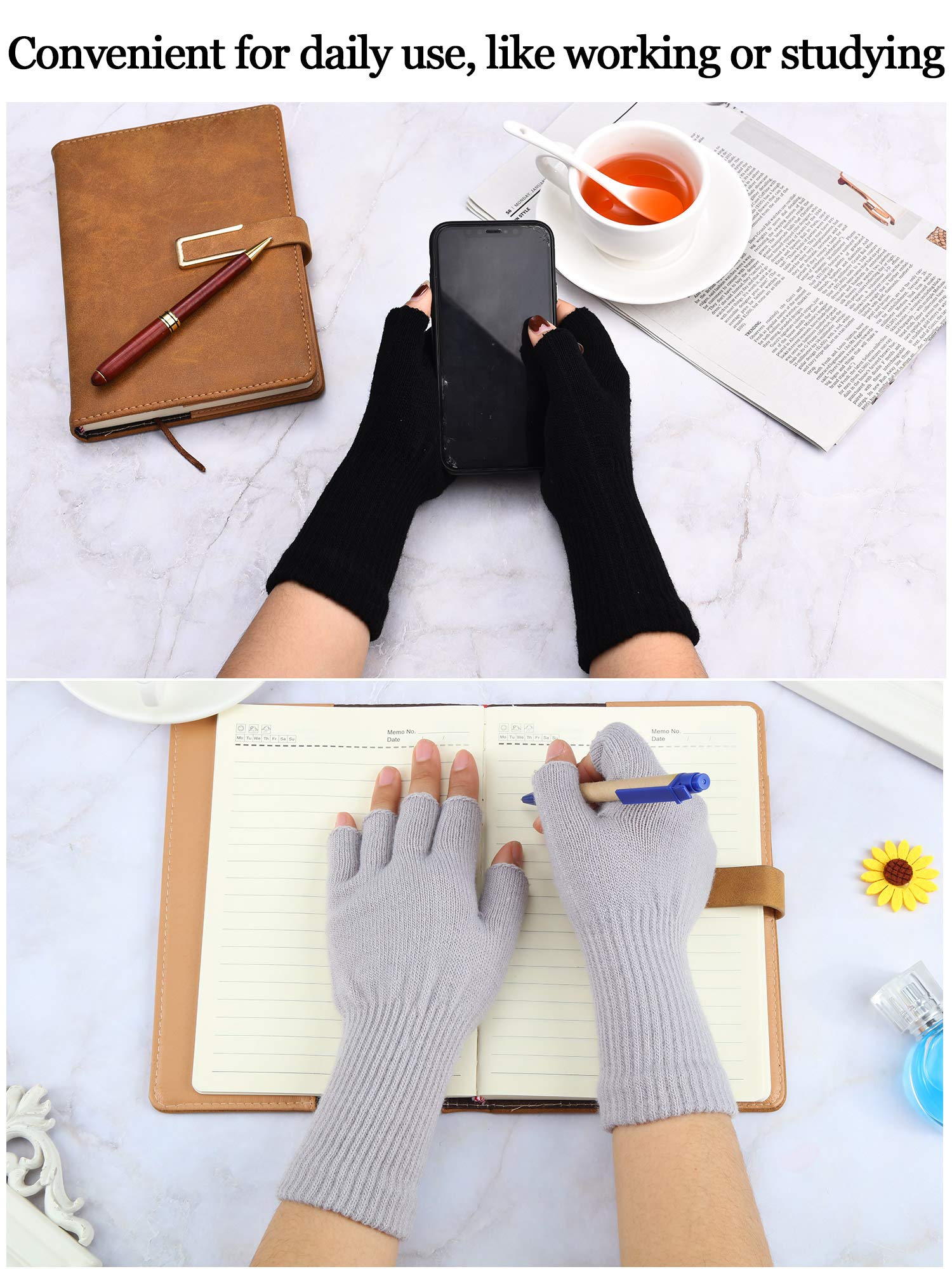 SATINIOR Fingerless Gloves for Women Half Finger Typing Gloves with Long Wrist Cuff Winter Knit Fingerless Mittens for Women (Black, Red, Light Grey, Coffee, 4 Pairs)