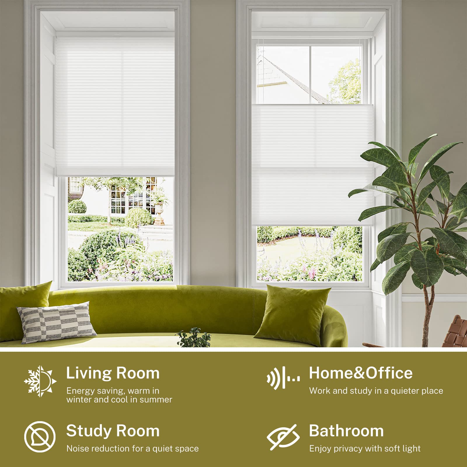 Moonice Top Down Bottom Up Blackout Cellular Shades, Cordless up down blinds bottom up blinds for windows Honeycomb Blinds Room Darkening Honeycomb Shades for Windows,Easy to Install