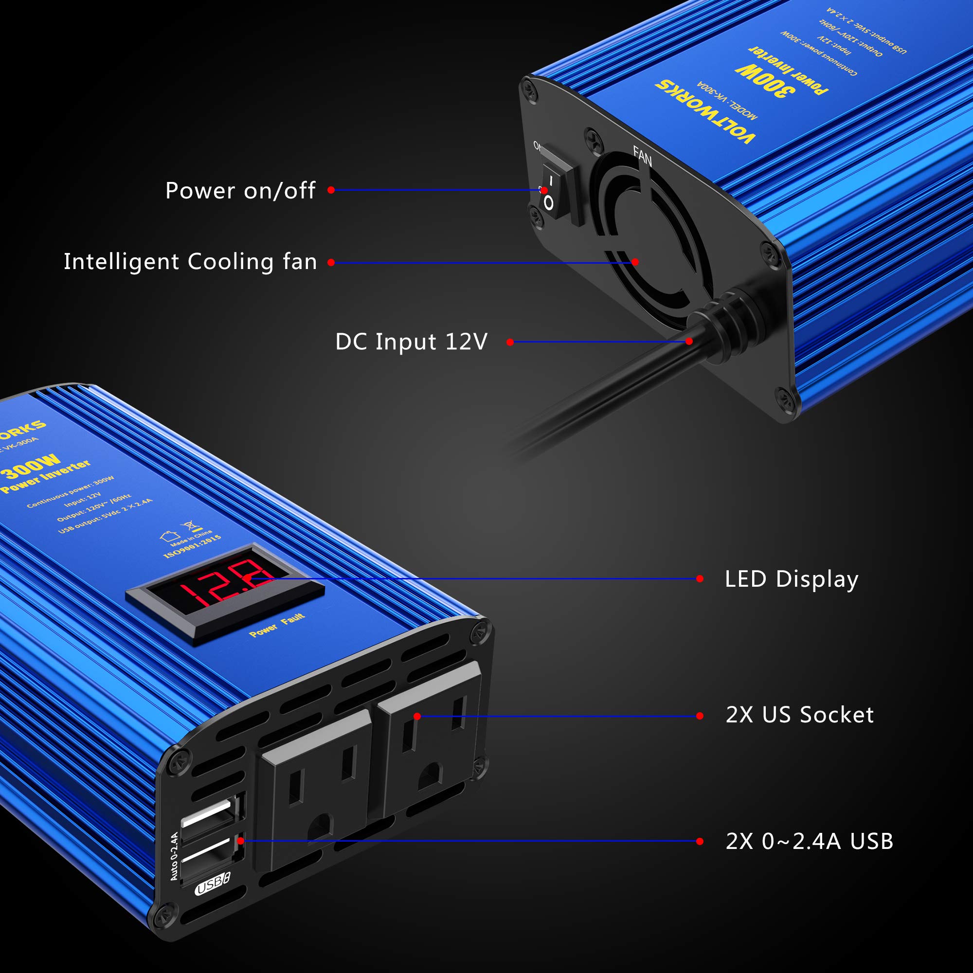 Power Inverter 300W Car Inverter DC 12V to 110V AC Converter with LED Display & 2x2.4A Dual USB Car Adapter Charger by VOLTWORKS Blue