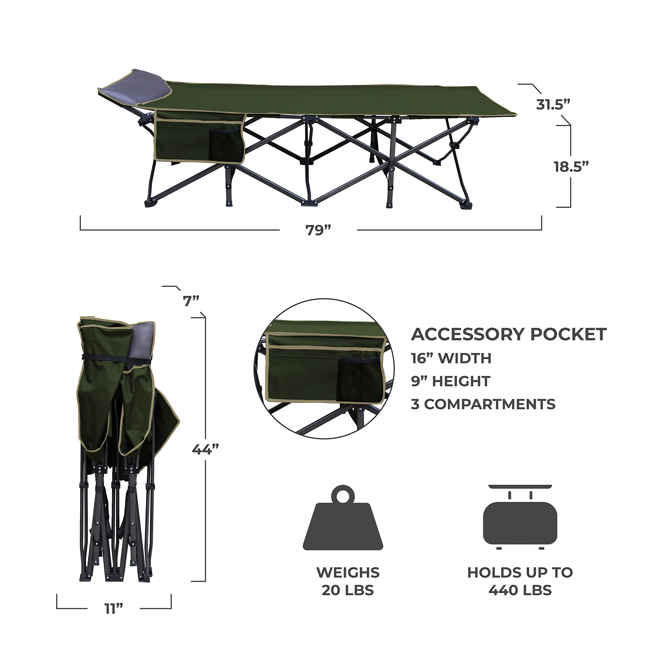 OSAGE RIVER XL Folding Camping Cot with Pocket and Built-in Pillow, Supports up to 440 lbs, Portable Sleeping Bed for Backpacking, Travel, or Camping, Green and Tan