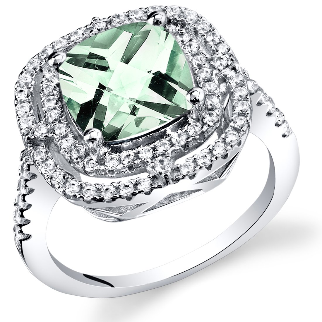 PEORA Green Amethyst Cushion Cut Cocktail Ring Sterling Silver 2.00 Carats Size 6