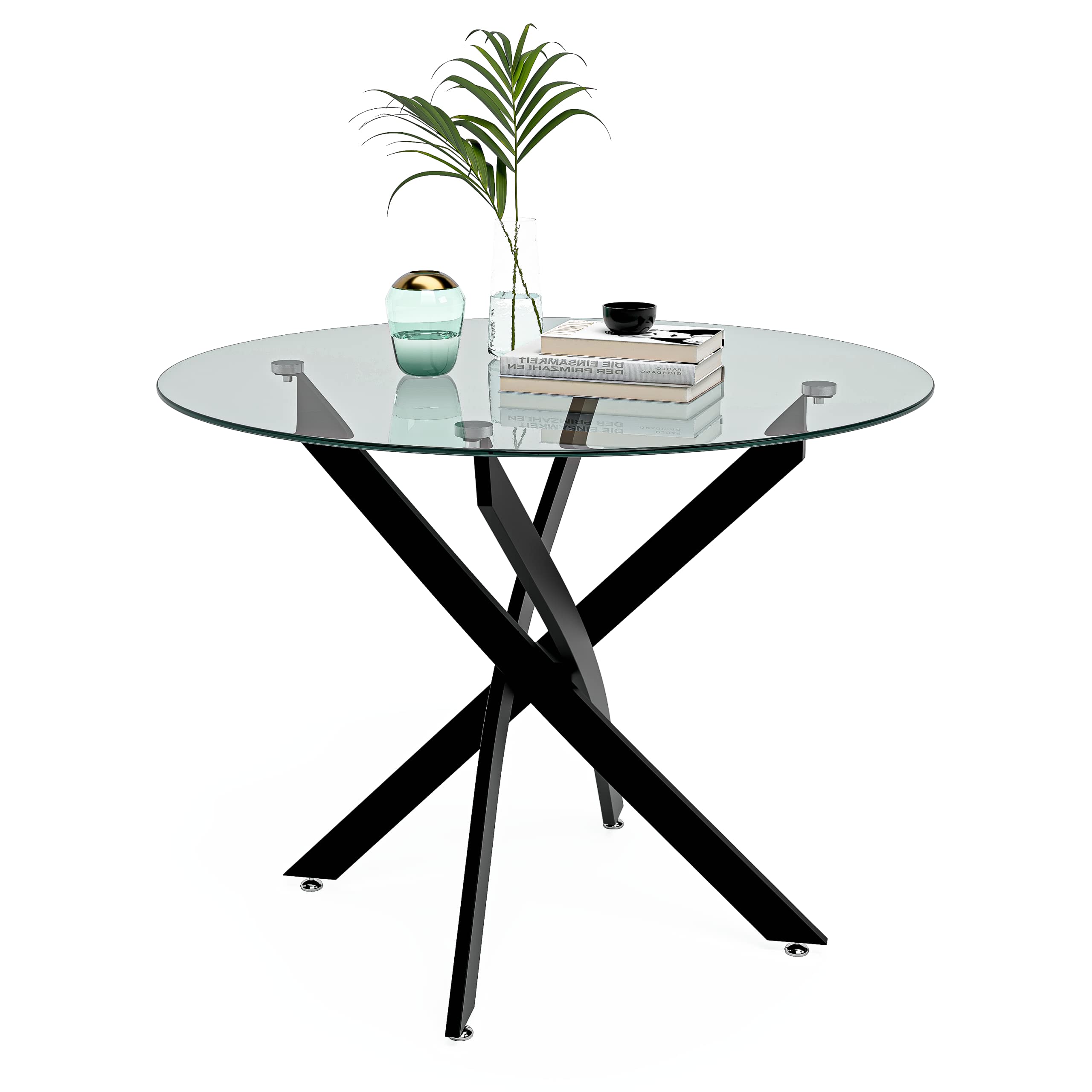 NIERN Round Tempered Glass Dining Table for 2-4 with Chromed Legs, 35.5 in Modern Small Kitchen Table for Kitchen Dining Room (White/Silver)