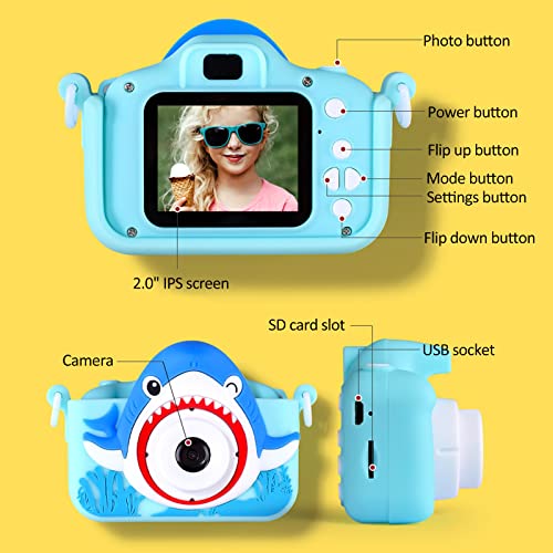 TSYFM Kids Camera for Boys, Dual Lens Kids Selfie Camera, 20MP Digital Video Camera with 2 Inch Screen 32GB Card Shark Silicone Protector, Birthday Gifts for Boys