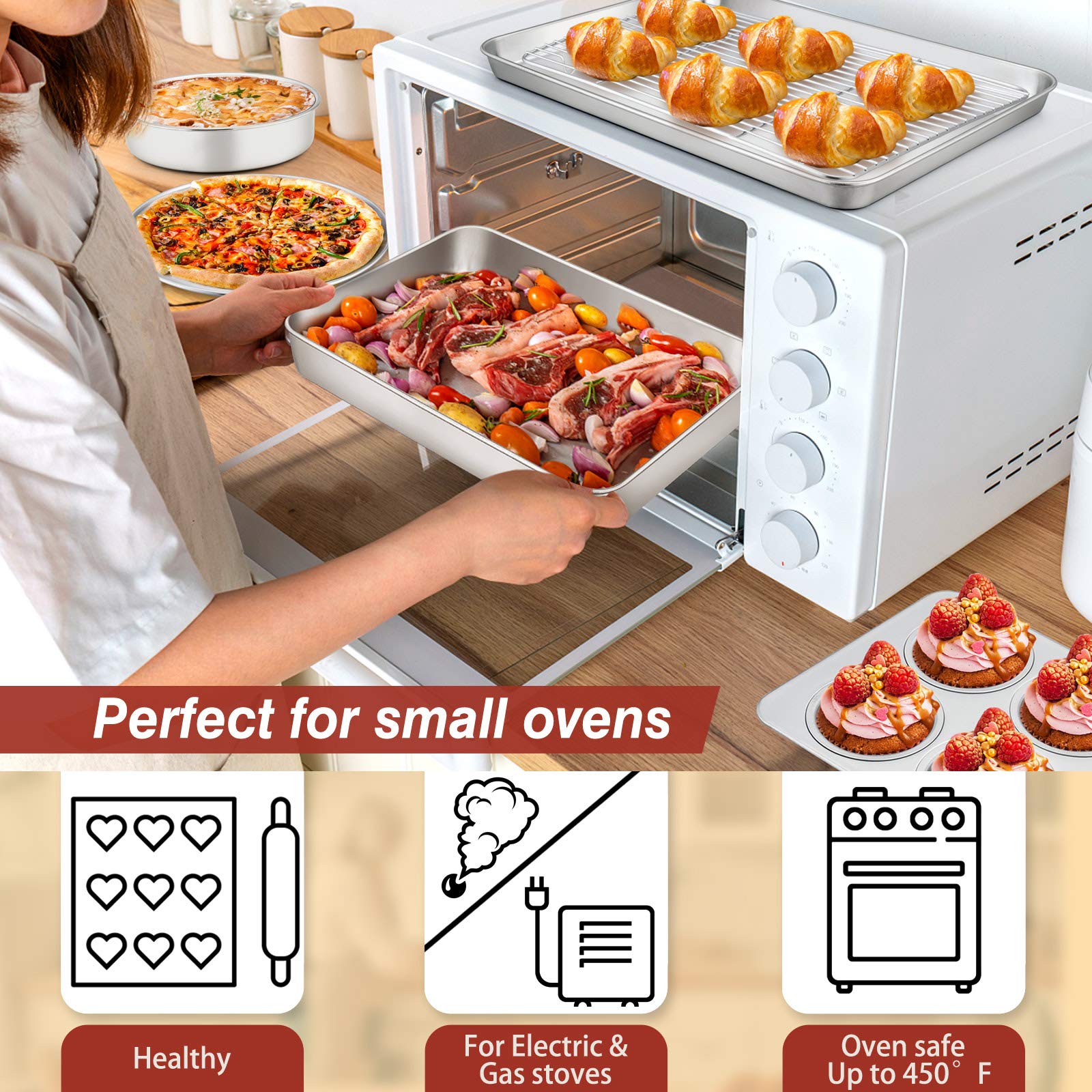 Toaster Oven Bakeware Set, E-far 6-Piece Stainless Steel Small Baking Pan Set, Include Cake Brownie Pan/Cookie Sheet with Rack/Muffin Tin/Pizza Pan, Non-Toxic & Healthy, Easy Clean & Dishwasher Safe
