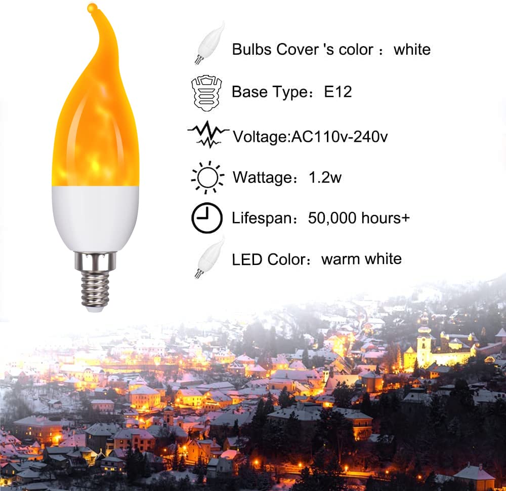 OHLGT E12 Flame Bulbs 2 Pack, 3 Mode LED Candelabra 2.0 Watt Warm White Chandelier 1800k Candle Light Bulbs, Flame Tip for Christmas Party Decorations